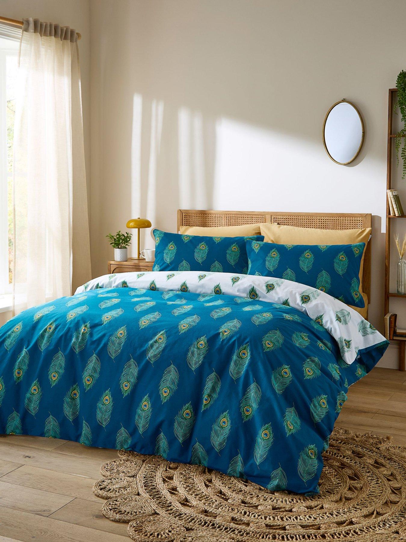 Their Nibs Peacock Feather 100% Cotton Reversible Duvet Set Teal Green ...