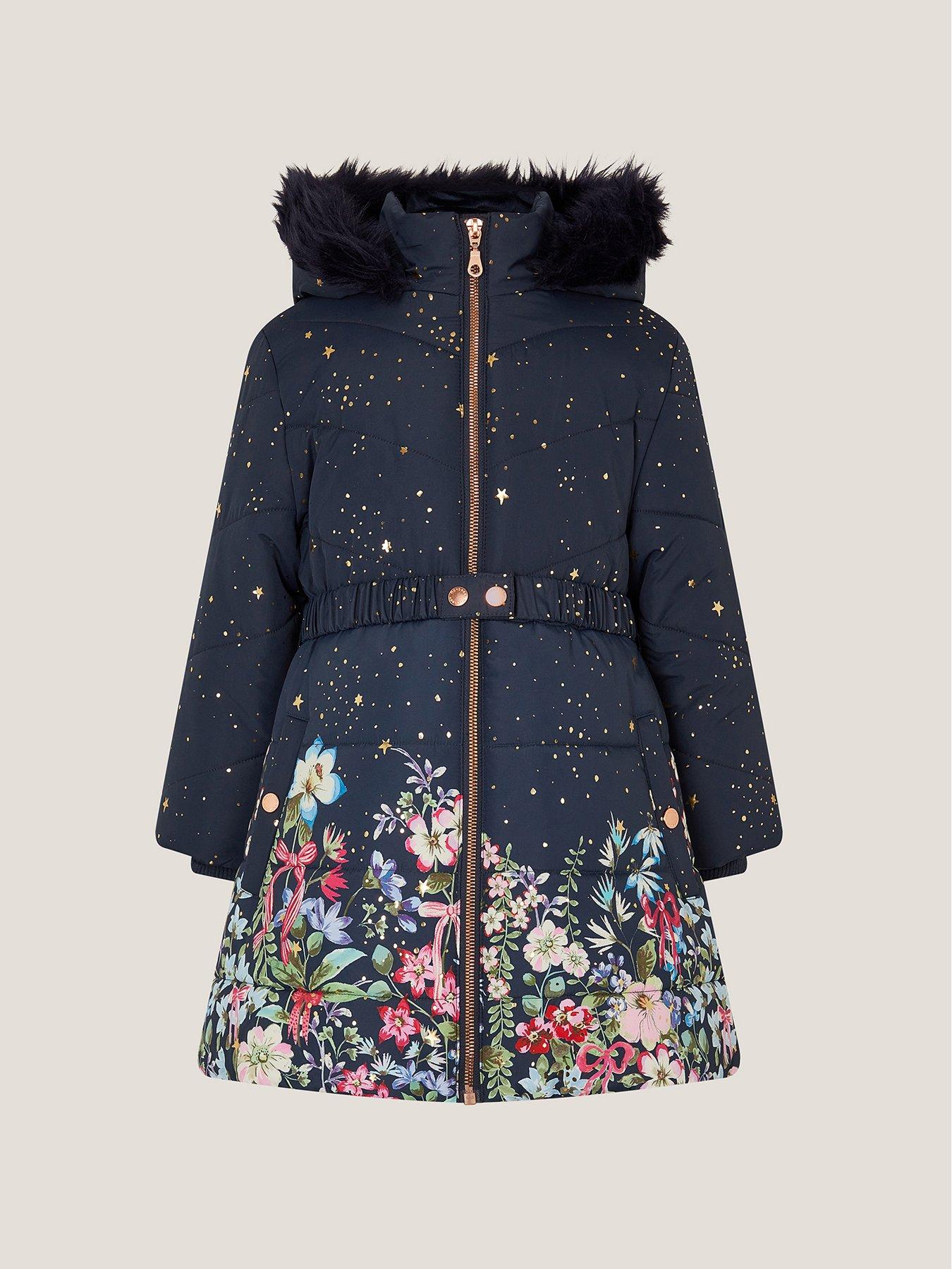 Monsoon Girls Starry Floral Border Coat - Navy | Very