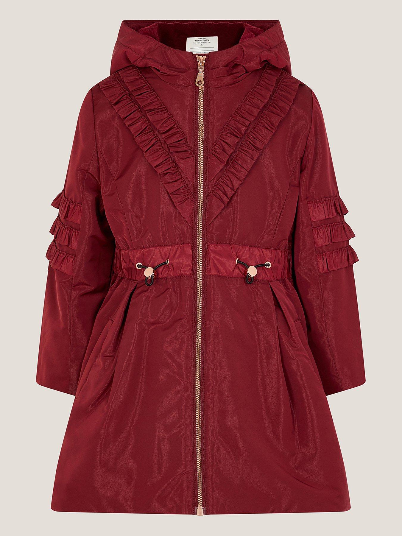 Monsoon Girls Lightweight Ruffle Trim Raincoat - Dark Red | Very