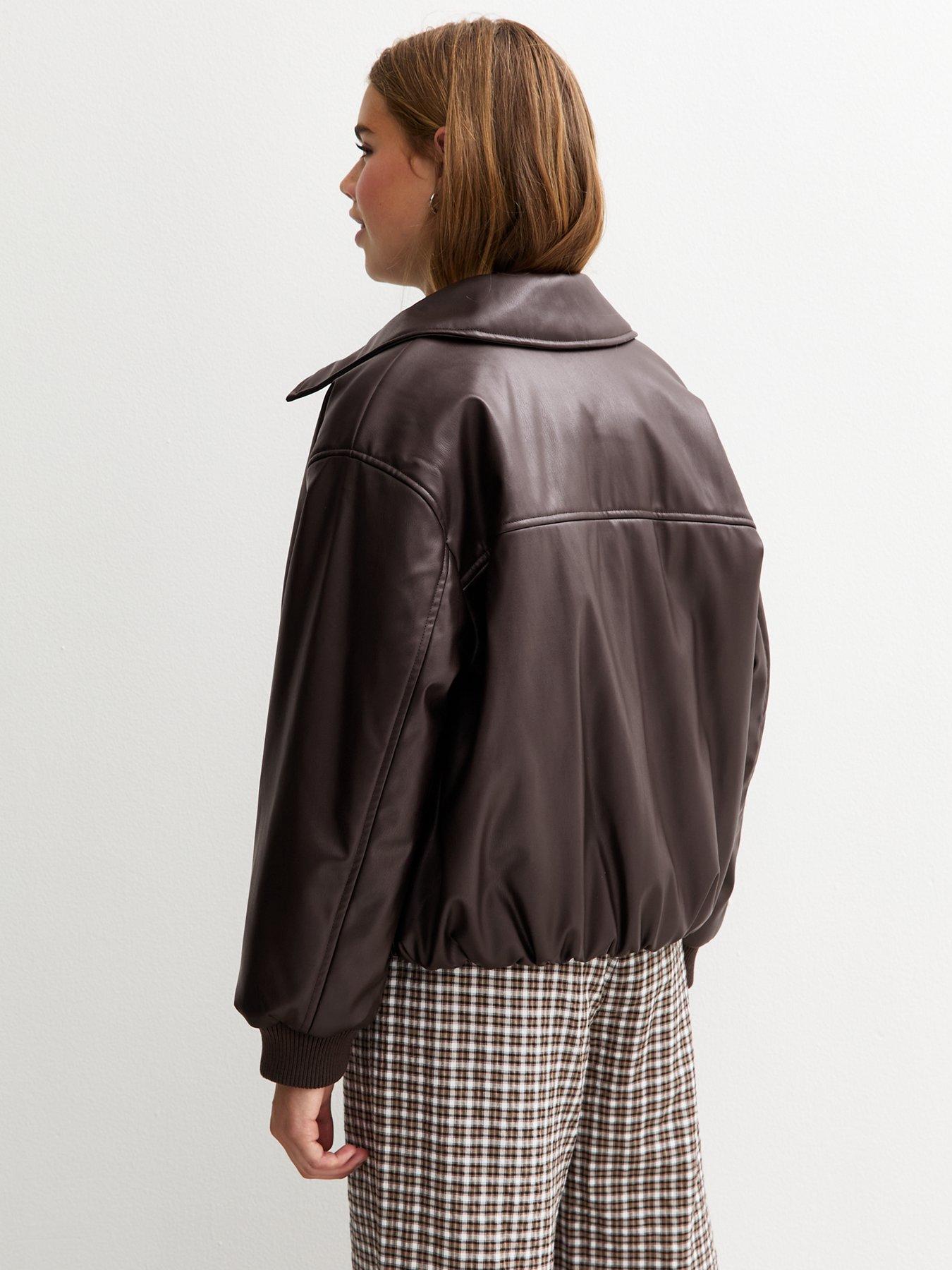 New Look 915 Girls Bubble Hem Faux Leather Jacket - Dark Brown | Very