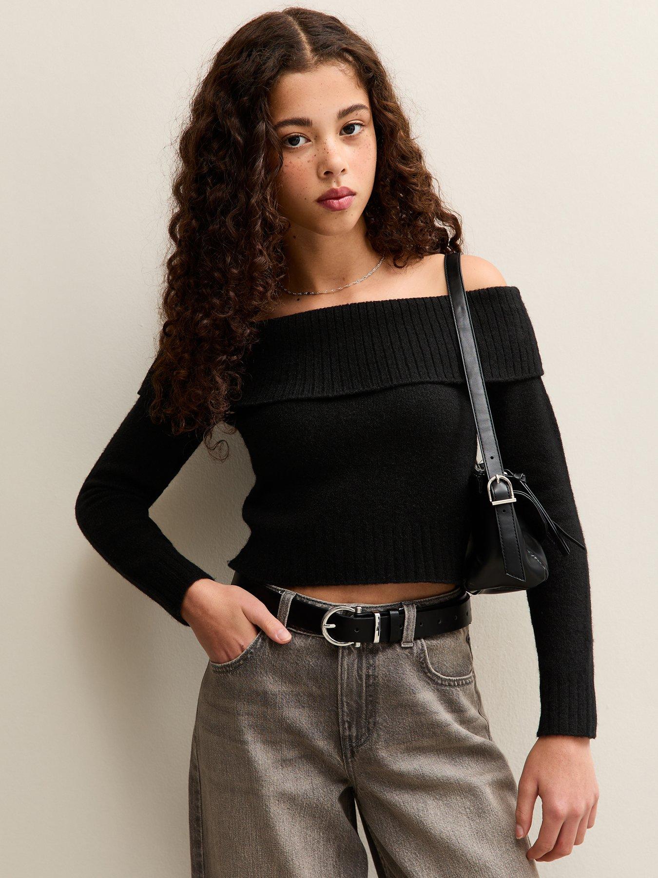 New Look 915 Girls Fold Over Bardot Knitted Jumper - Black | Very