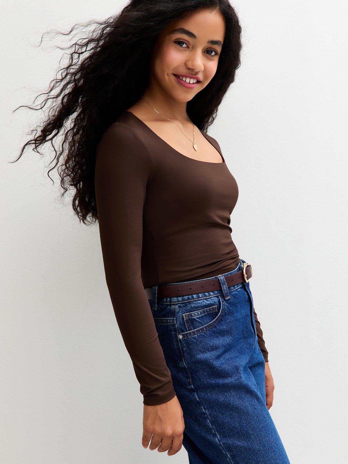 New Look 915 Girls Long Sleeve Square Neck Top - Dark Brown | Very