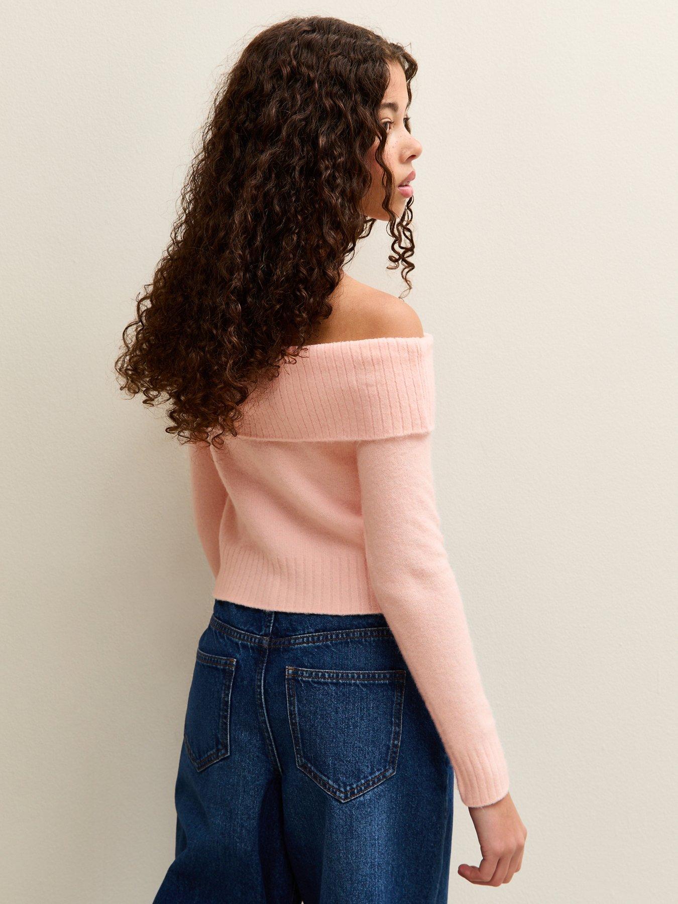 New Look 915 Girls Fold Over Bardot Knitted Jumper - Light Pink | Very