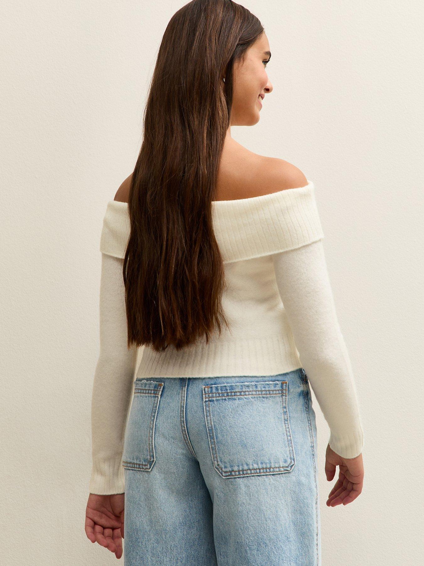 New Look 915 Girls Fold Over Bardot Knitted Jumper - Off White | Very