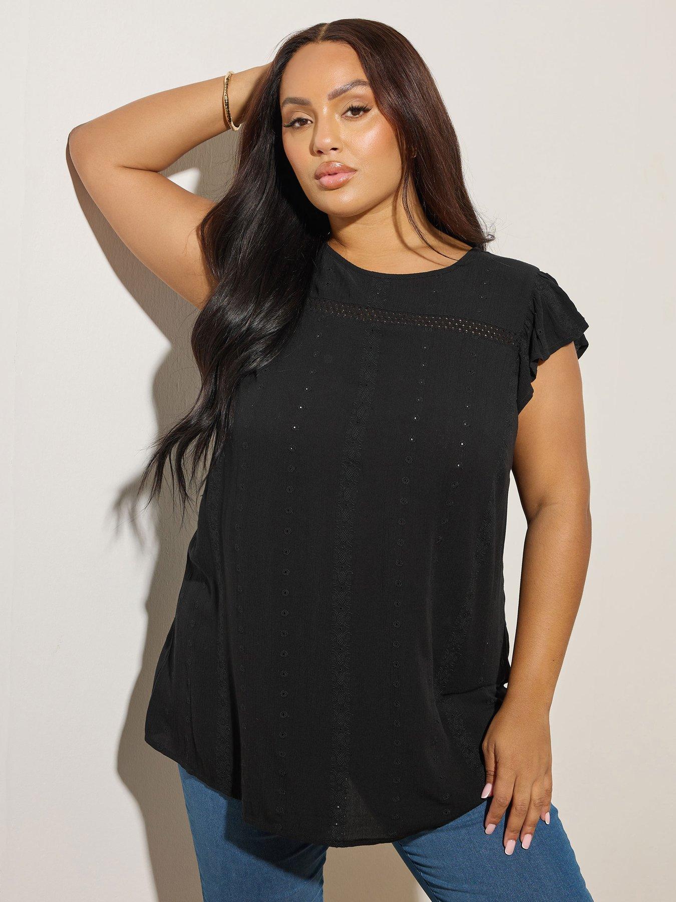 Yours Curve Embroidered Crinkle Top - Black | Very
