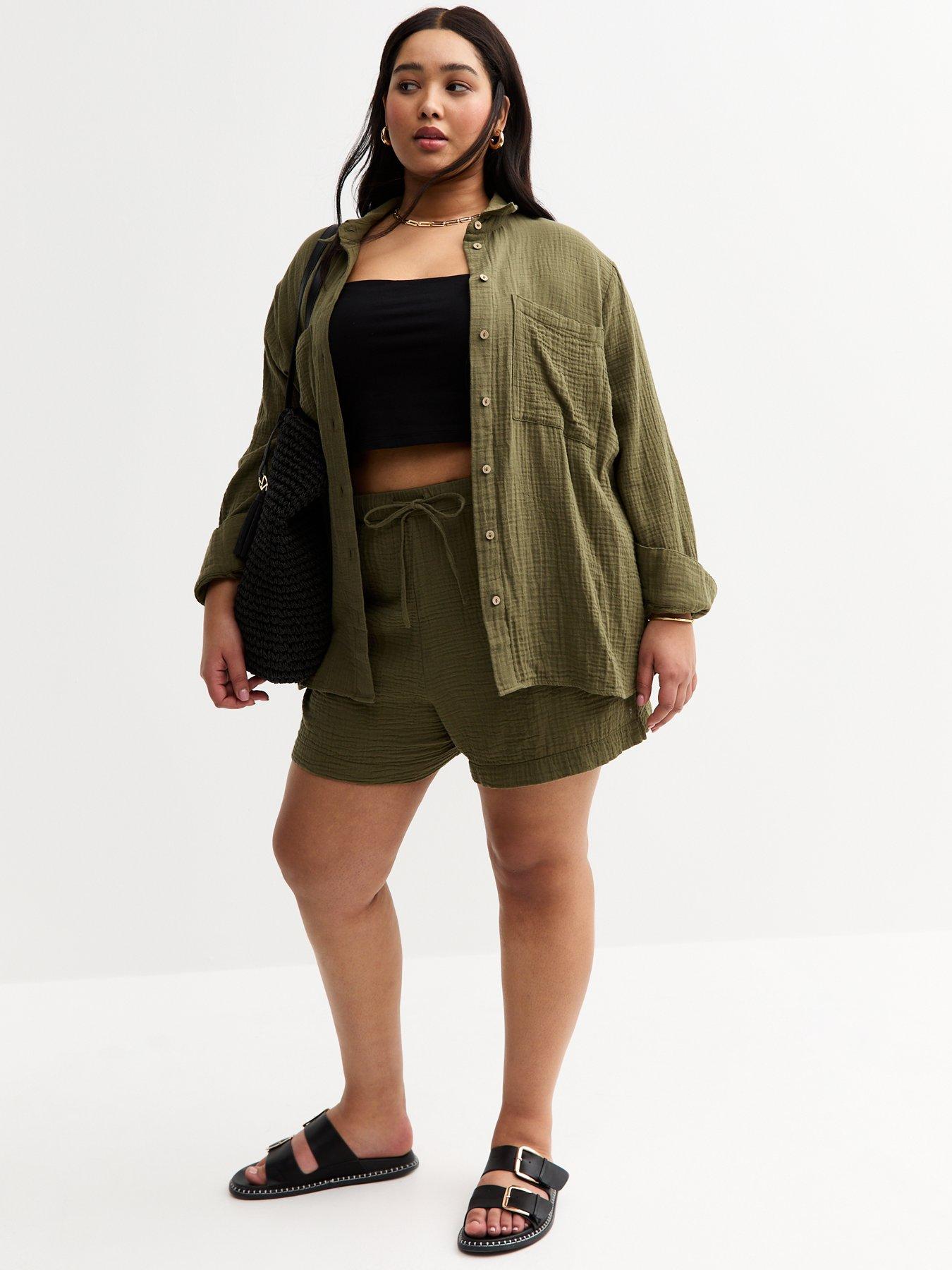 New Look Curves Khaki Green Double Cloth Muslin Shorts | Very