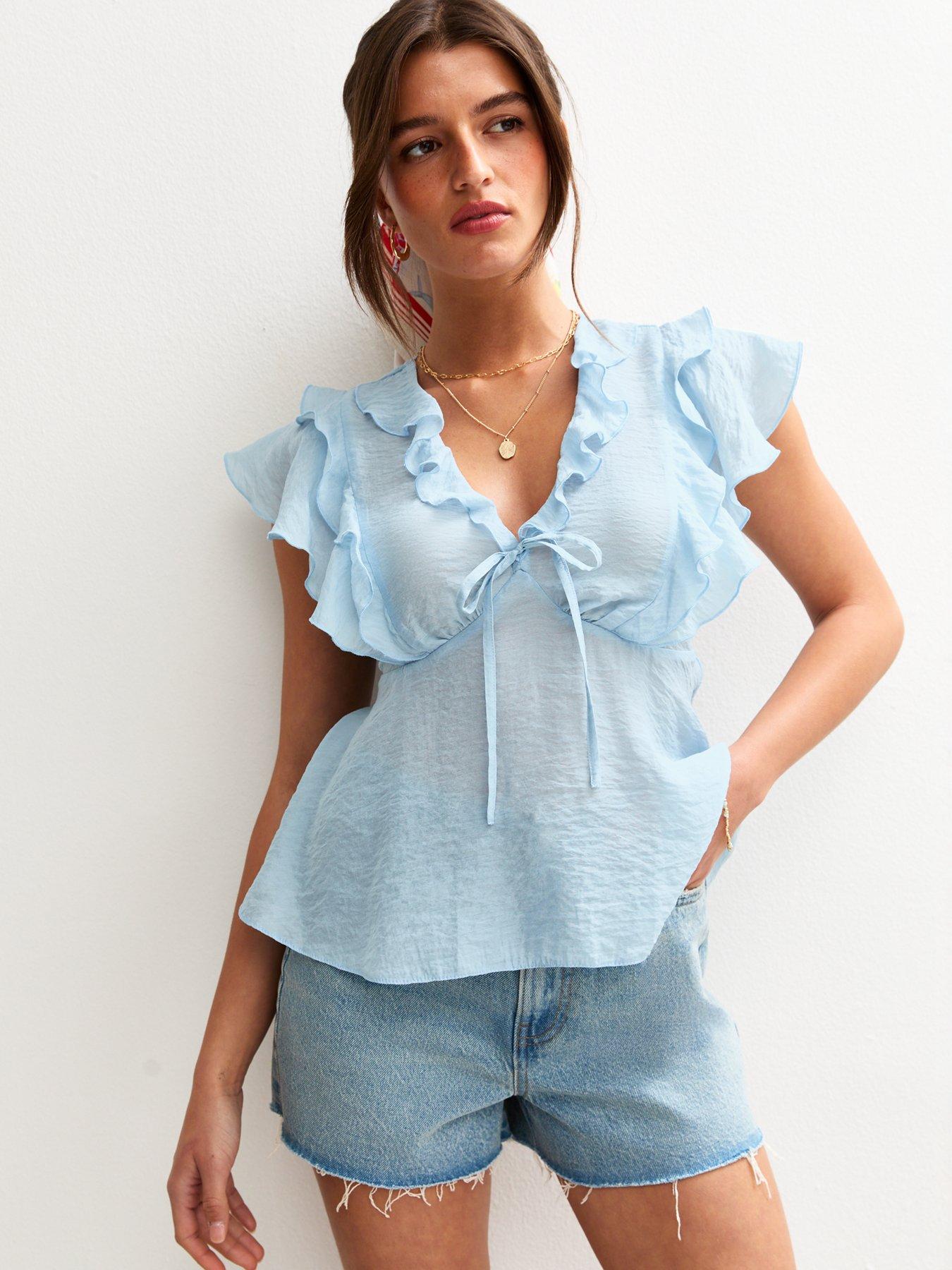 New Look Light Blue Crinkle Texture Frill Trim Cap Sleeve Top | Very