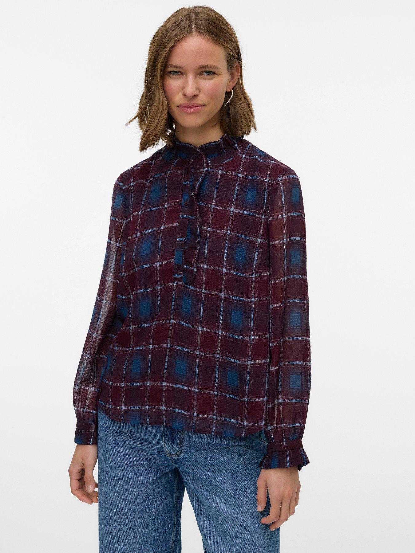 Vero Moda Long Sleeve Check Top - Dark Red | Very