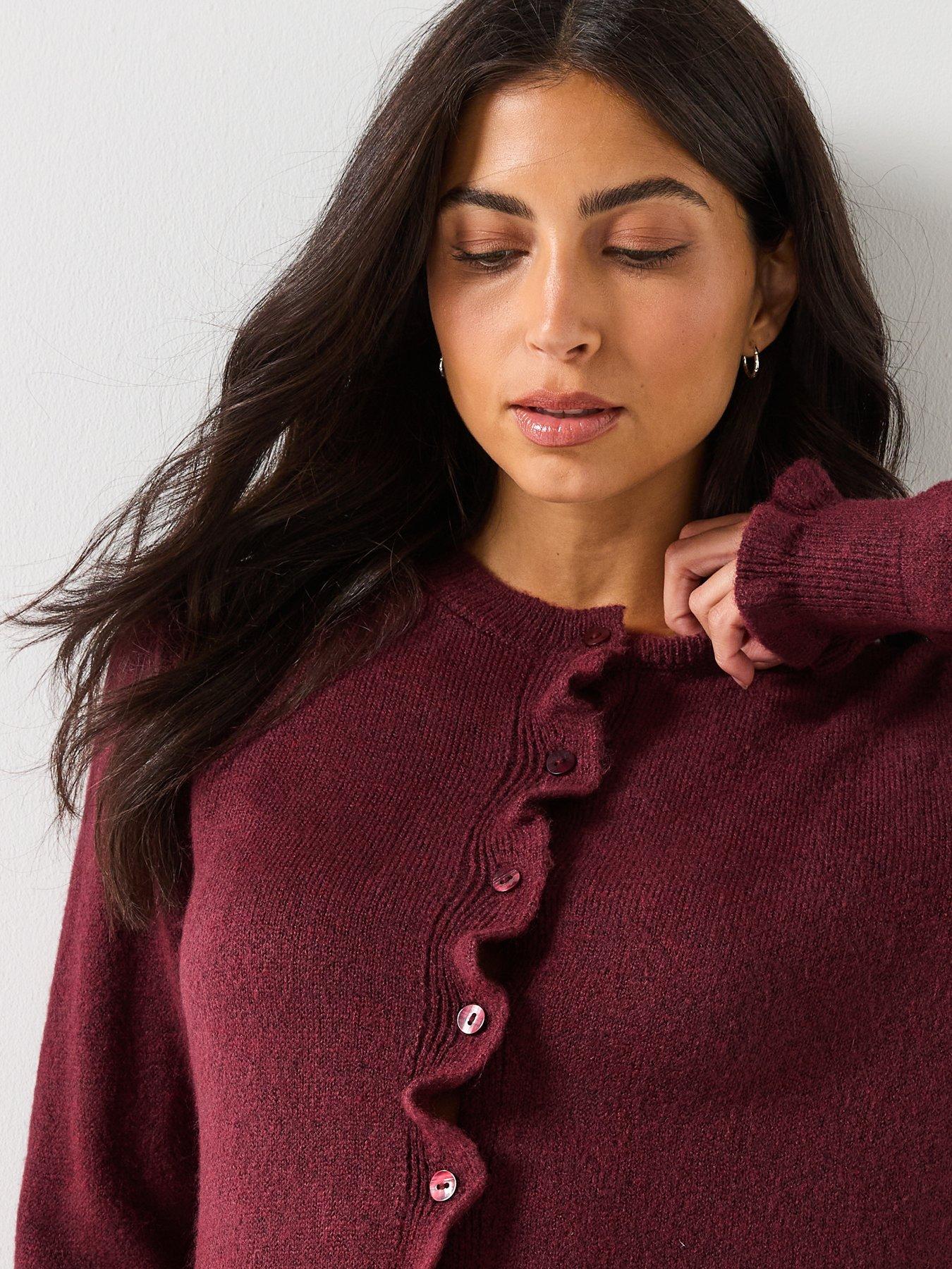 JDY Long Sleeve Frill Knitted Cardigan - Burgundy | Very