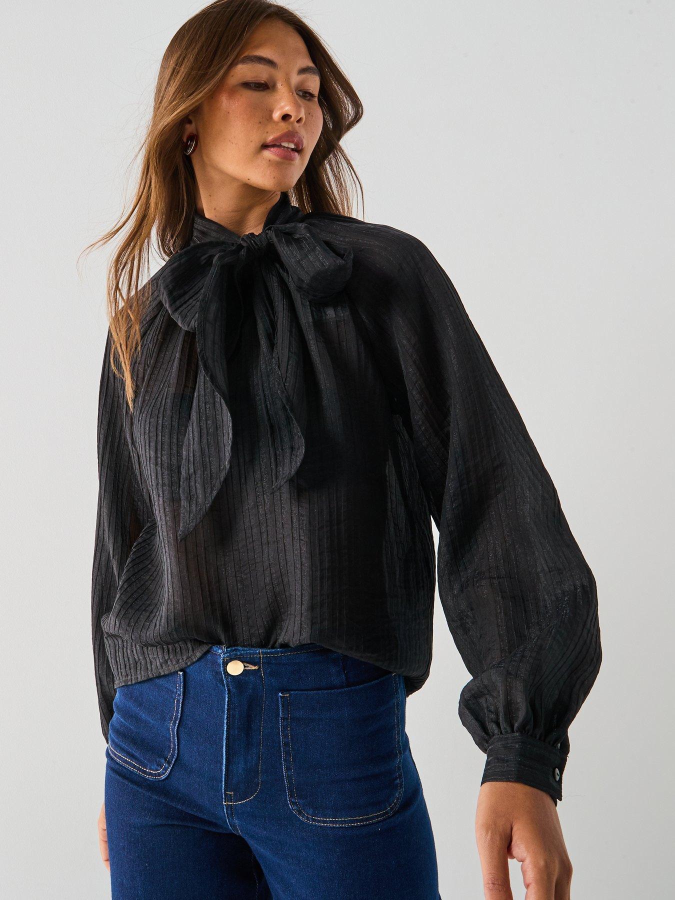 JDY Norma Long Sleeve Bow Tie Neck Blouse - Black | Very