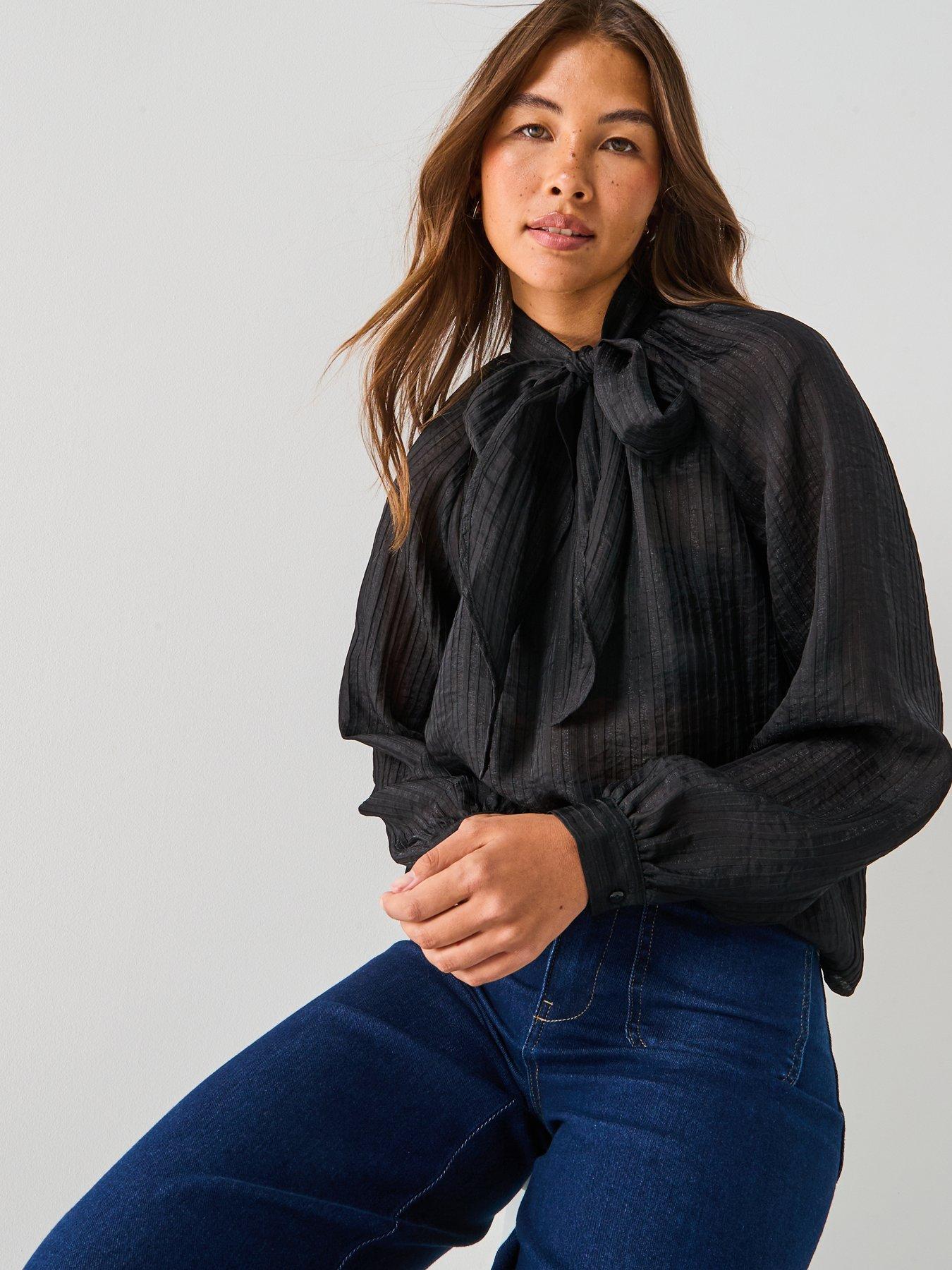 JDY Norma Long Sleeve Bow Tie Neck Blouse - Black | Very