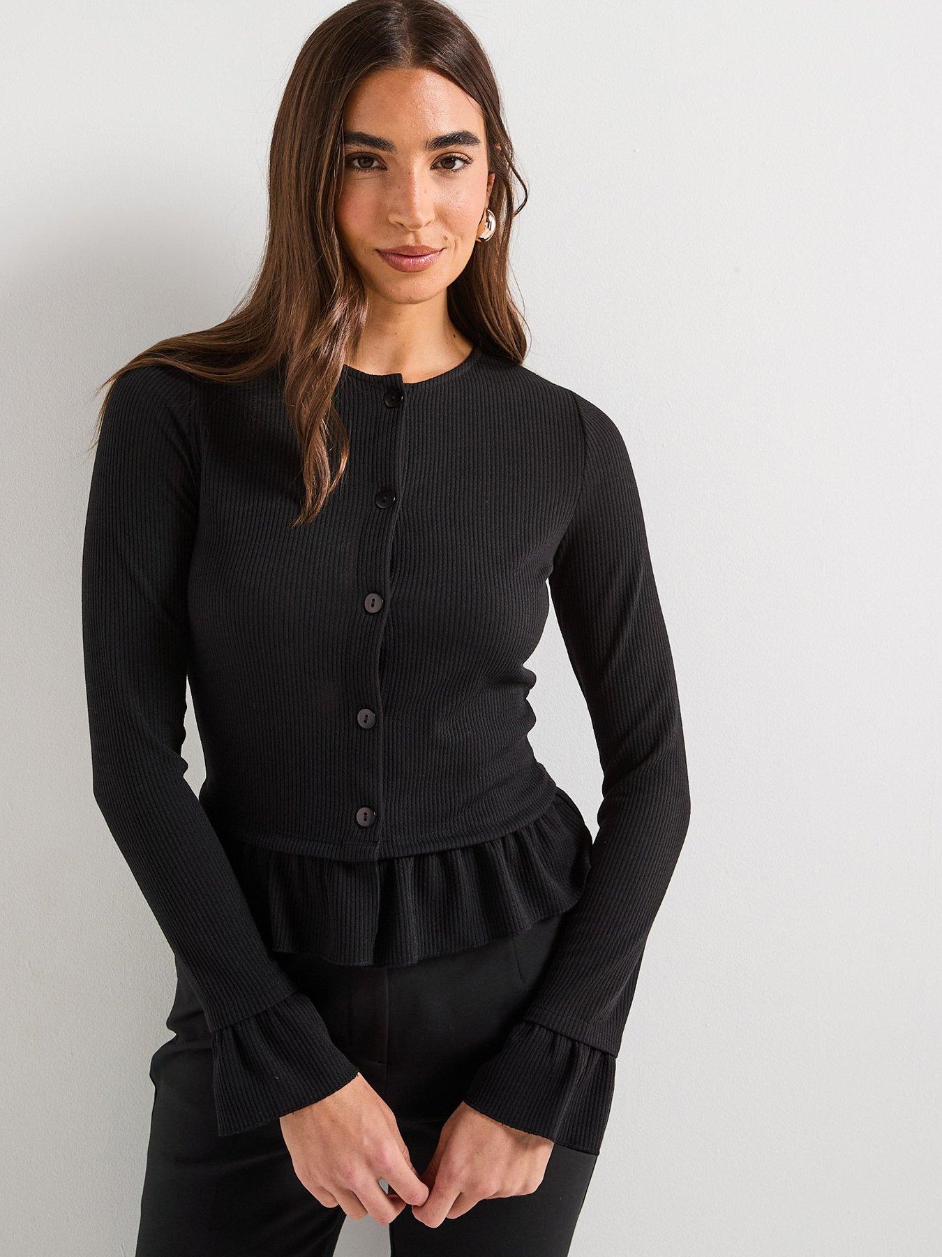 V by Very Button Up Frill Detail Frill Cardigan - Black | Very