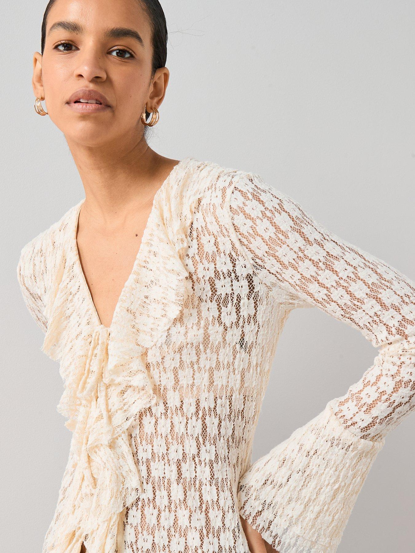 V by Very Longline Frill Front Lace Top - Cream | Very