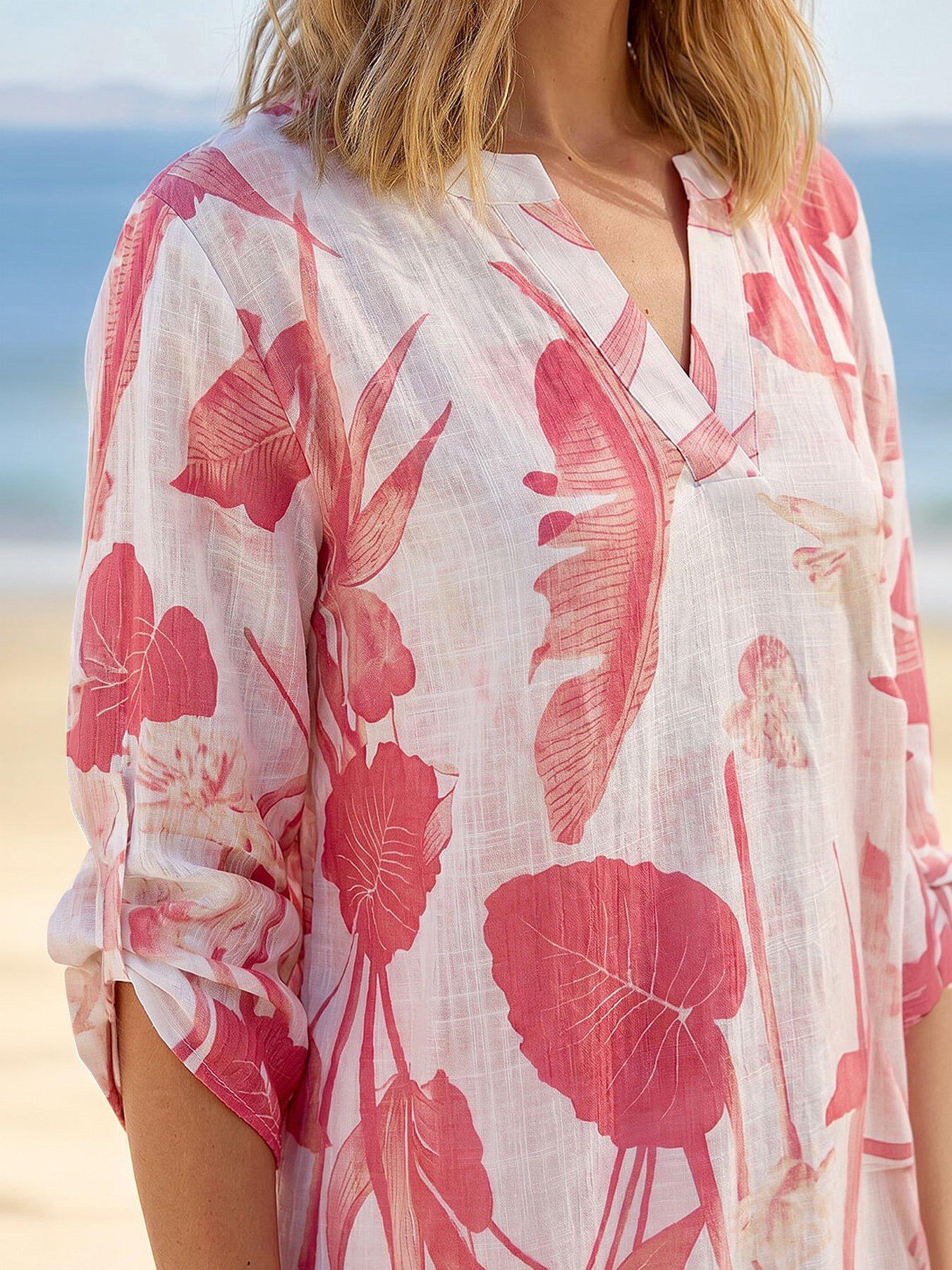 Roman Palm Print V-neck Wrap Hem Tunic Top - Coral | Very
