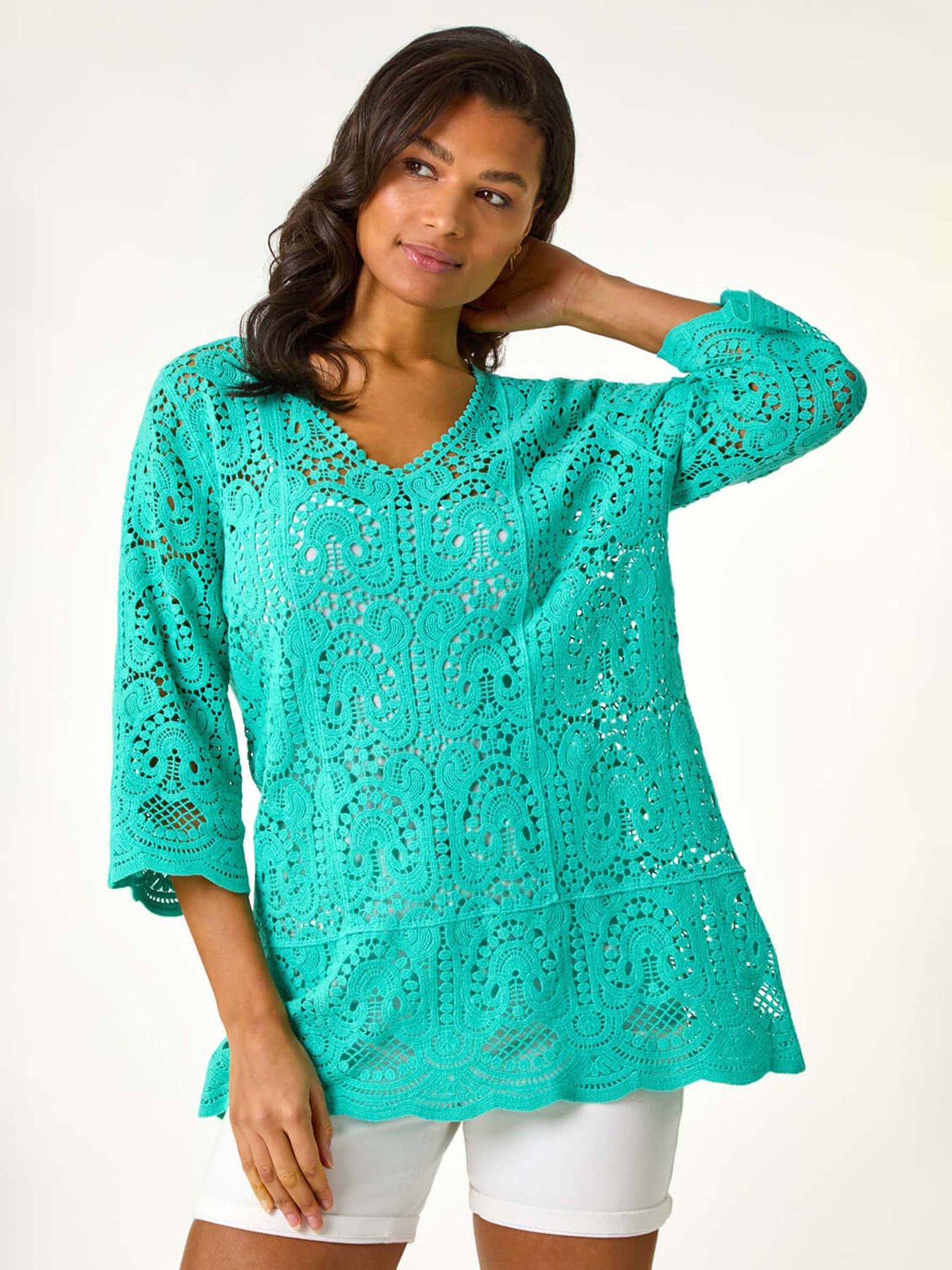 Roman Cotton Crochet Tunic Top - Teal | Very