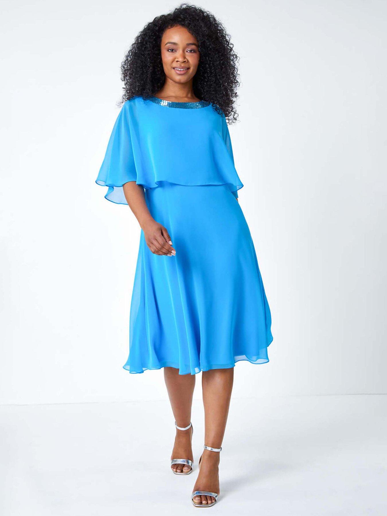 Roman Petite Sequin Trim Chiffon Cape Dress - Blue | Very