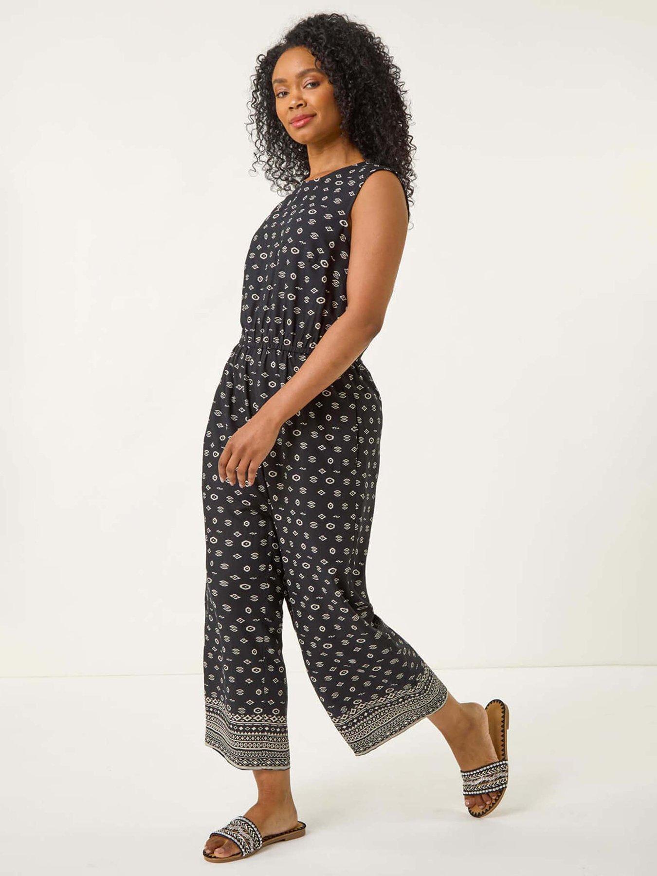 Roman Petite Aztec Print Cropped Jumpsuit - Black | Very