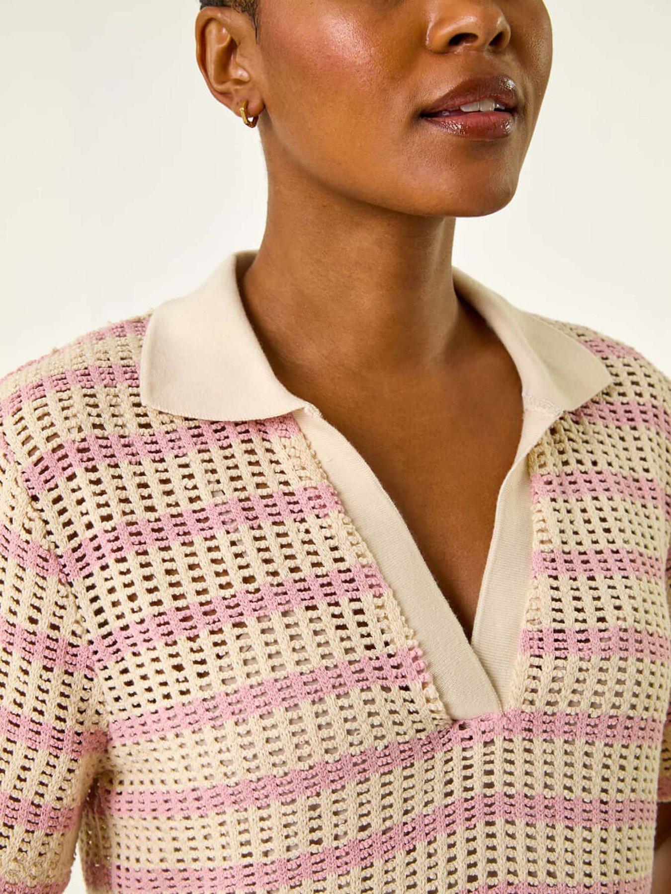 Roman Stripe Crochet Collar Knit Top - Pink | Very