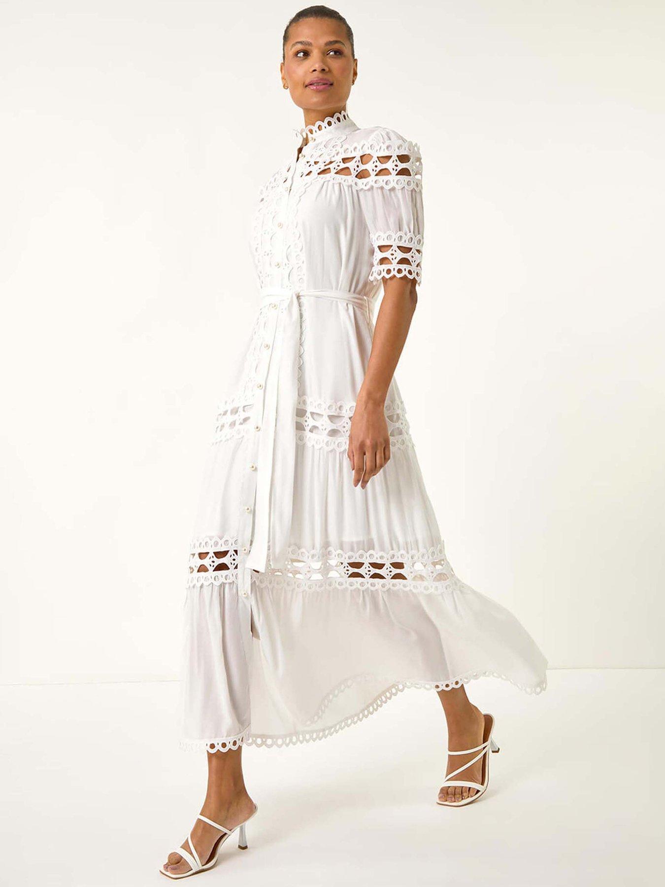 Roman Lace Detail Belted Midi Dress - White | Very