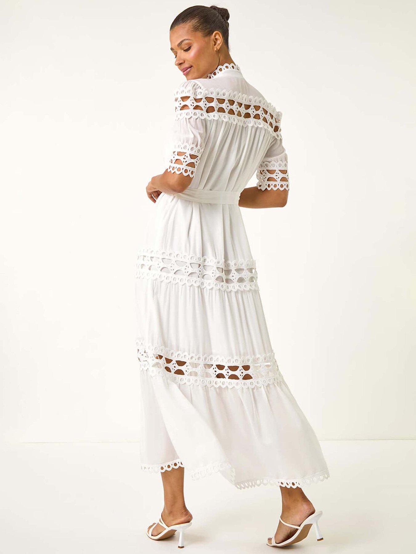 Roman Lace Detail Belted Midi Dress - White | Very