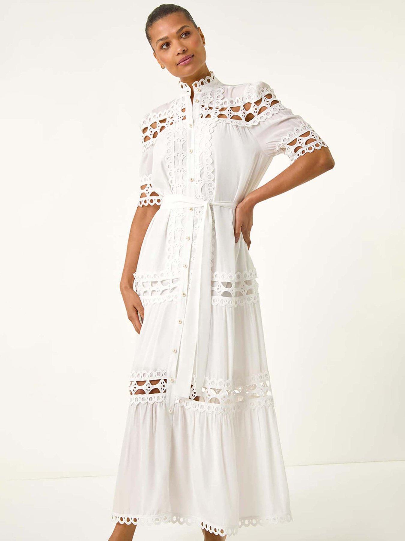 Roman Lace Detail Belted Midi Dress - White | Very