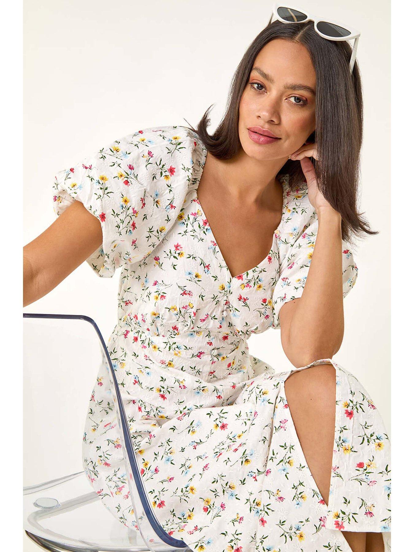 Roman Dusk Ditsy Broderie Midi Dress - White | Very