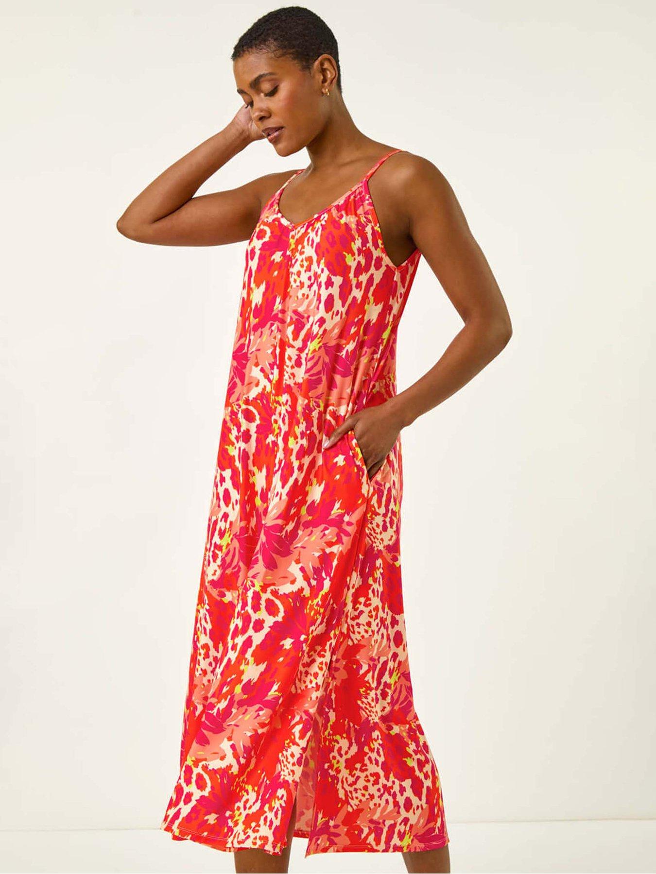 Roman Abstract Print Swing Midi Stretch Dress - Orange | Very
