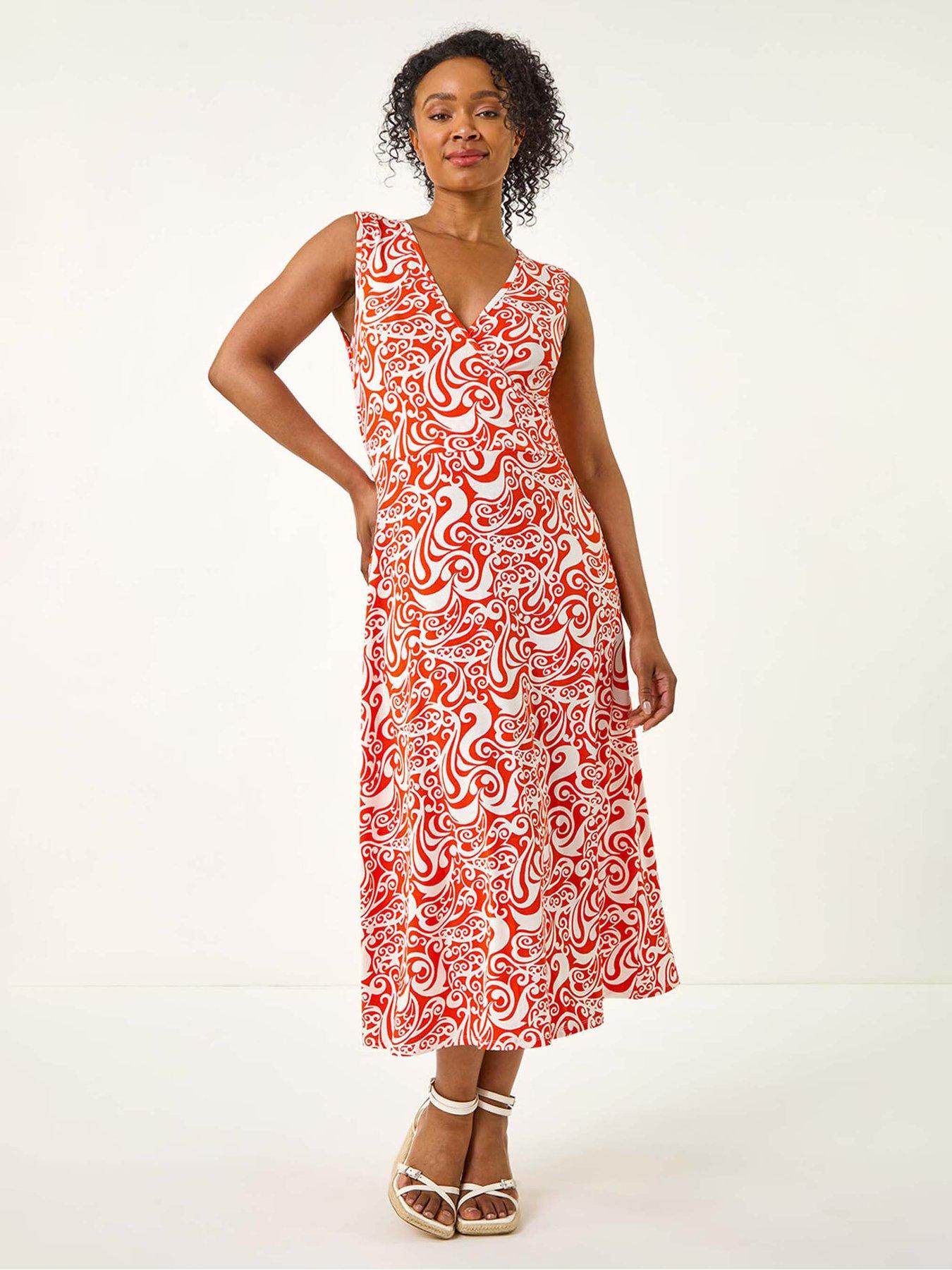 Roman Petite Abstract Print Wrap Midi Dress - Orange | Very
