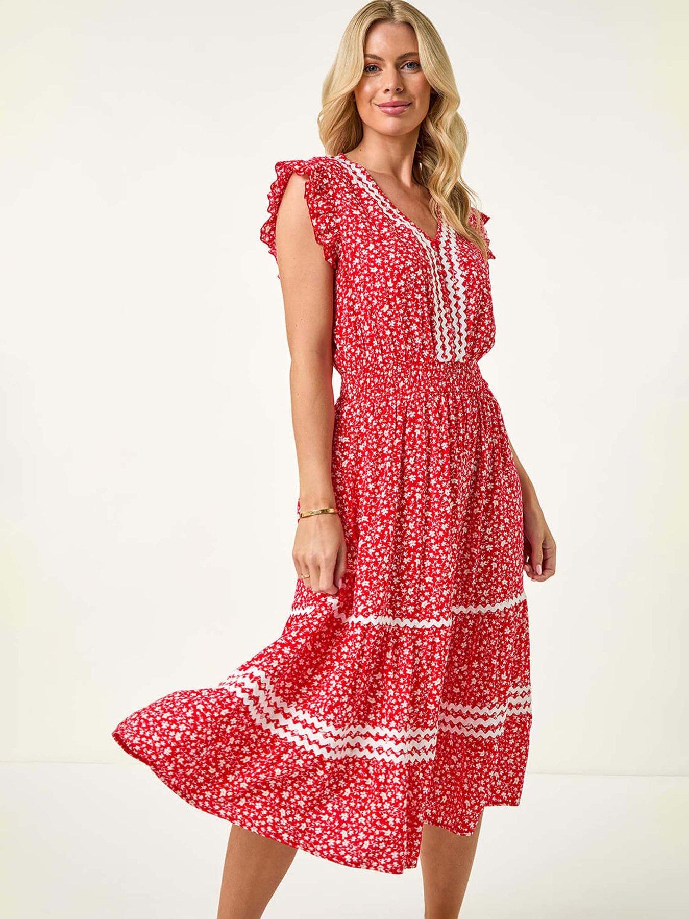 Roman Petite Floral Print Ric Rac Midi Dress - Red | Very