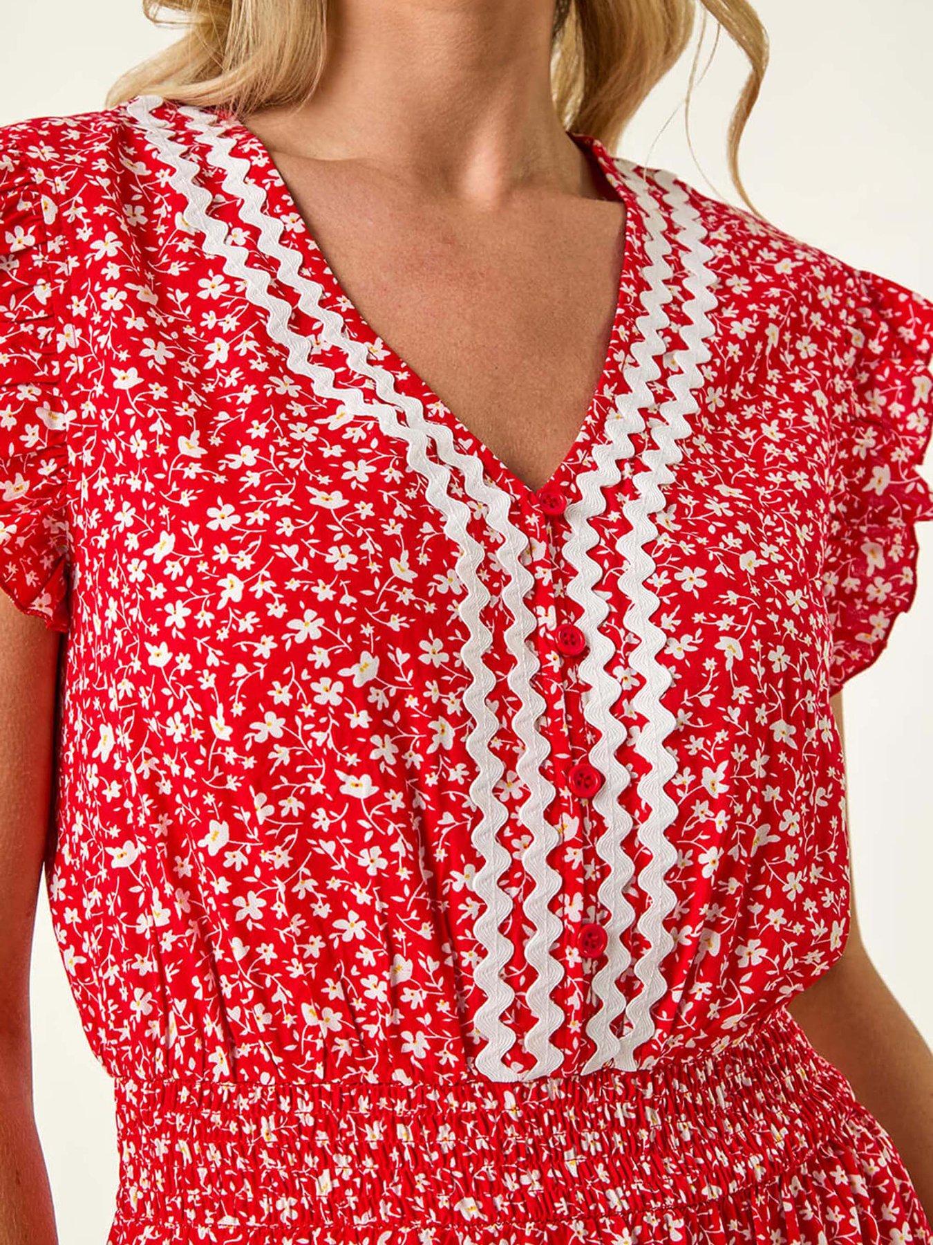 Roman Petite Floral Print Ric Rac Midi Dress - Red | Very