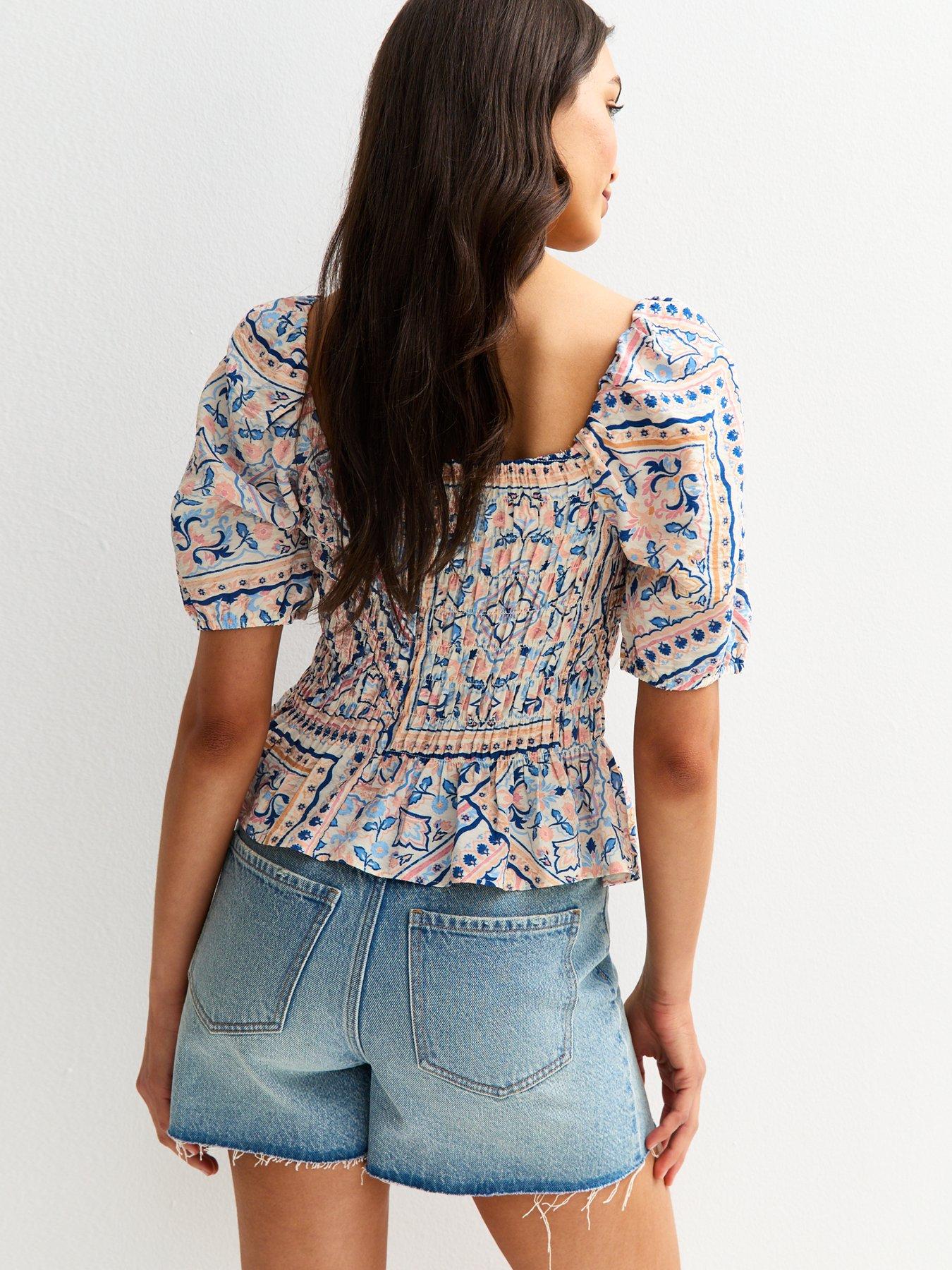New Look Scarf Print Shirred Top - Blue | Very