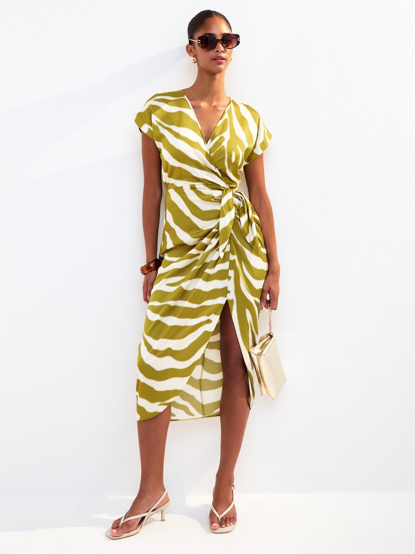 New Look Zebra Print Wrap Front Midi Dress - Green | Very