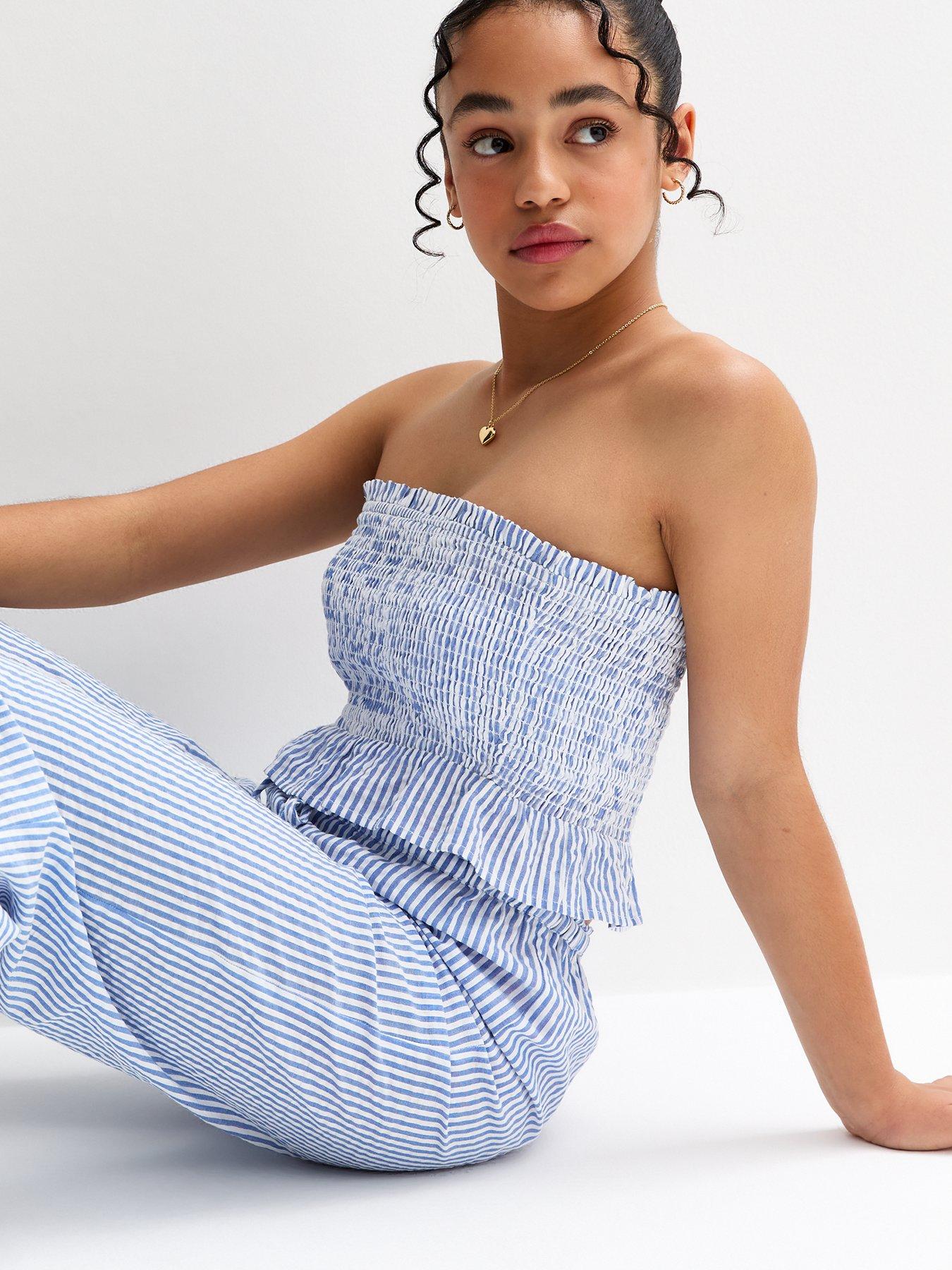 New Look 915 Girls Blue Striped Shirred Bandeau Top - Light Blue | Very