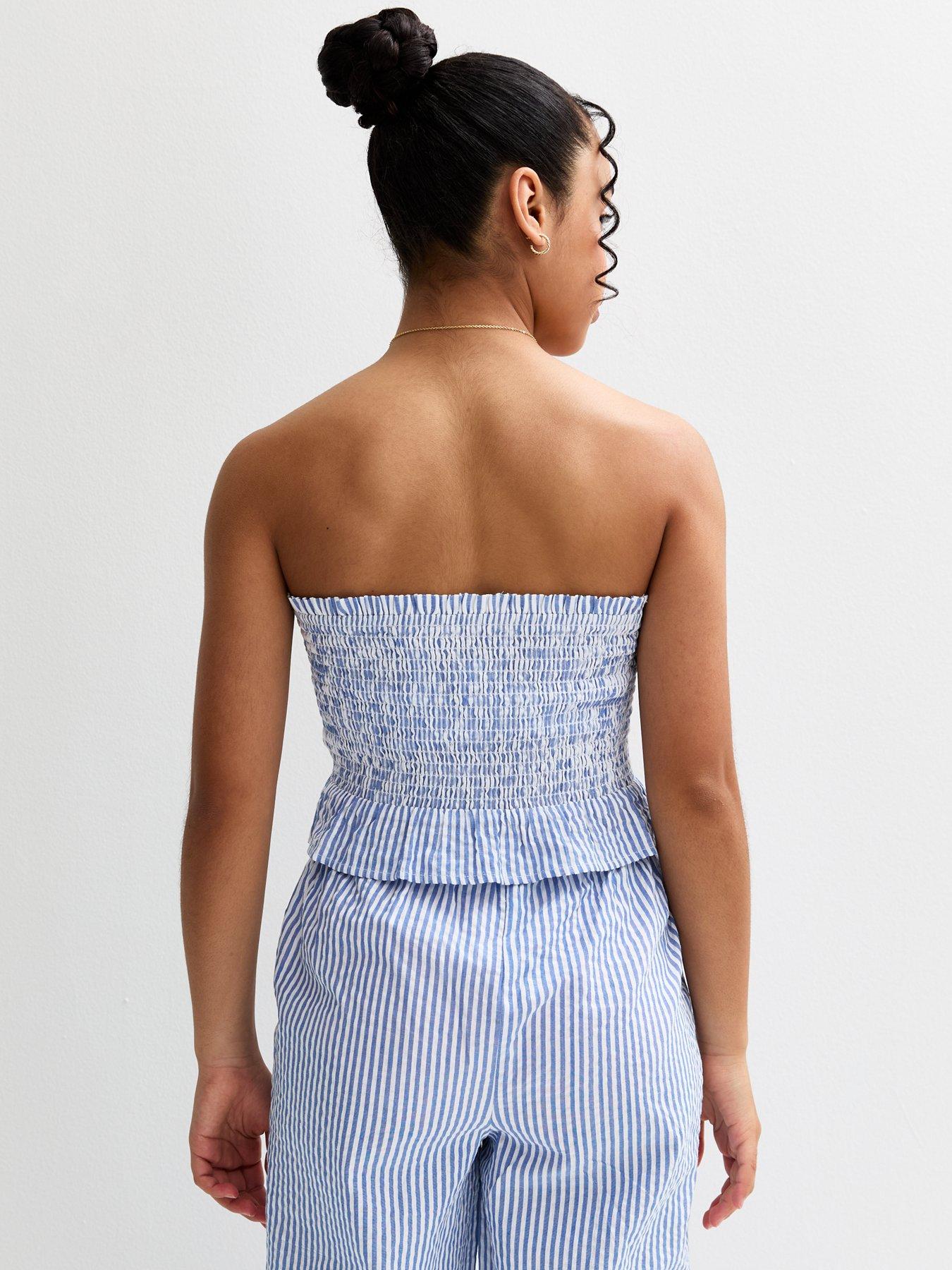 New Look 915 Girls Blue Striped Shirred Bandeau Top - Light Blue | Very