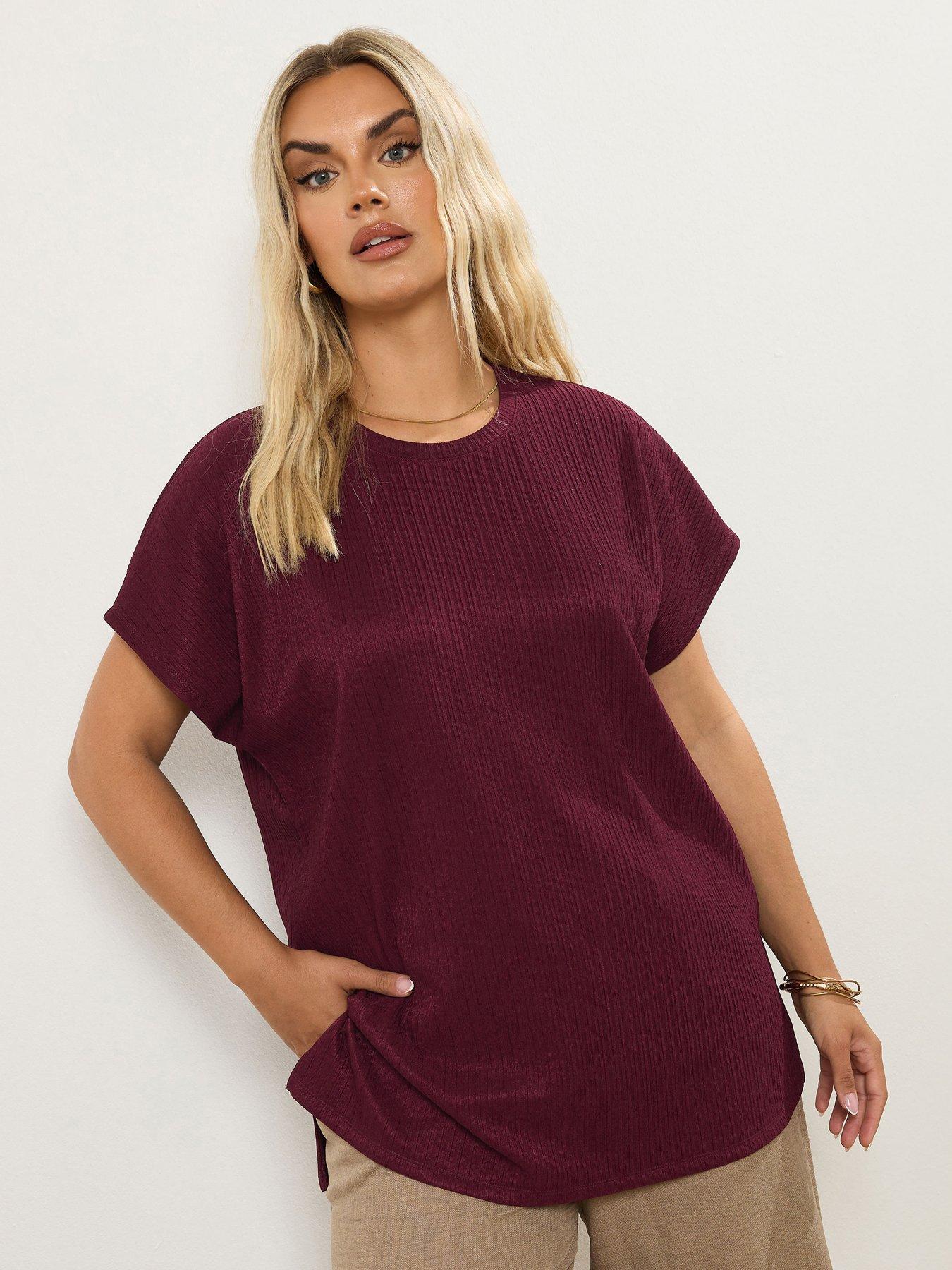 Yours Curve Ribbed Crew Neck T-Shirt - Pink | Very