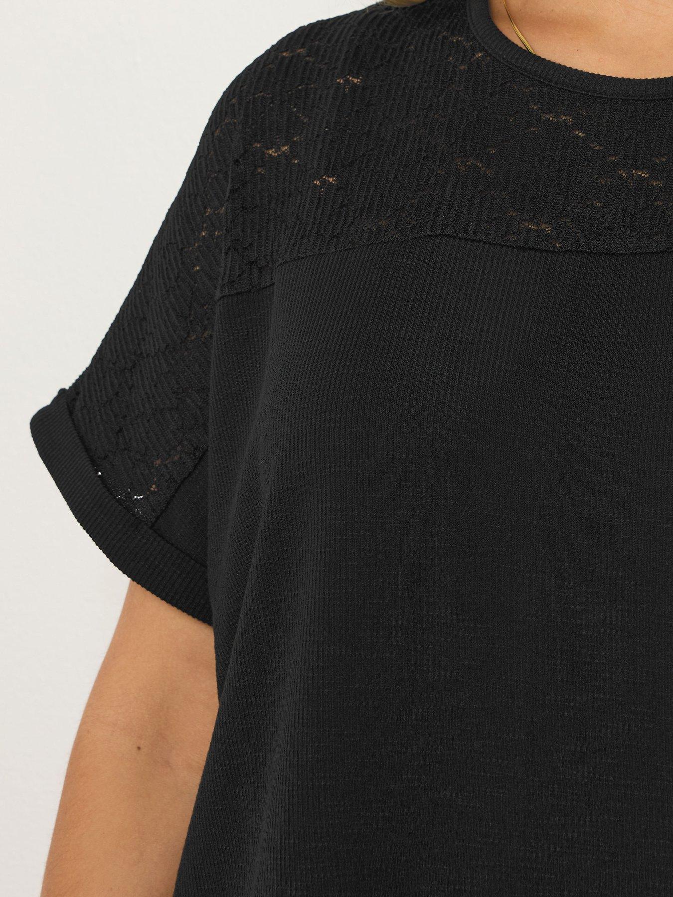 Yours Curve Lace Regular Crew Neck Lace Panel T-Shirt - Black | Very
