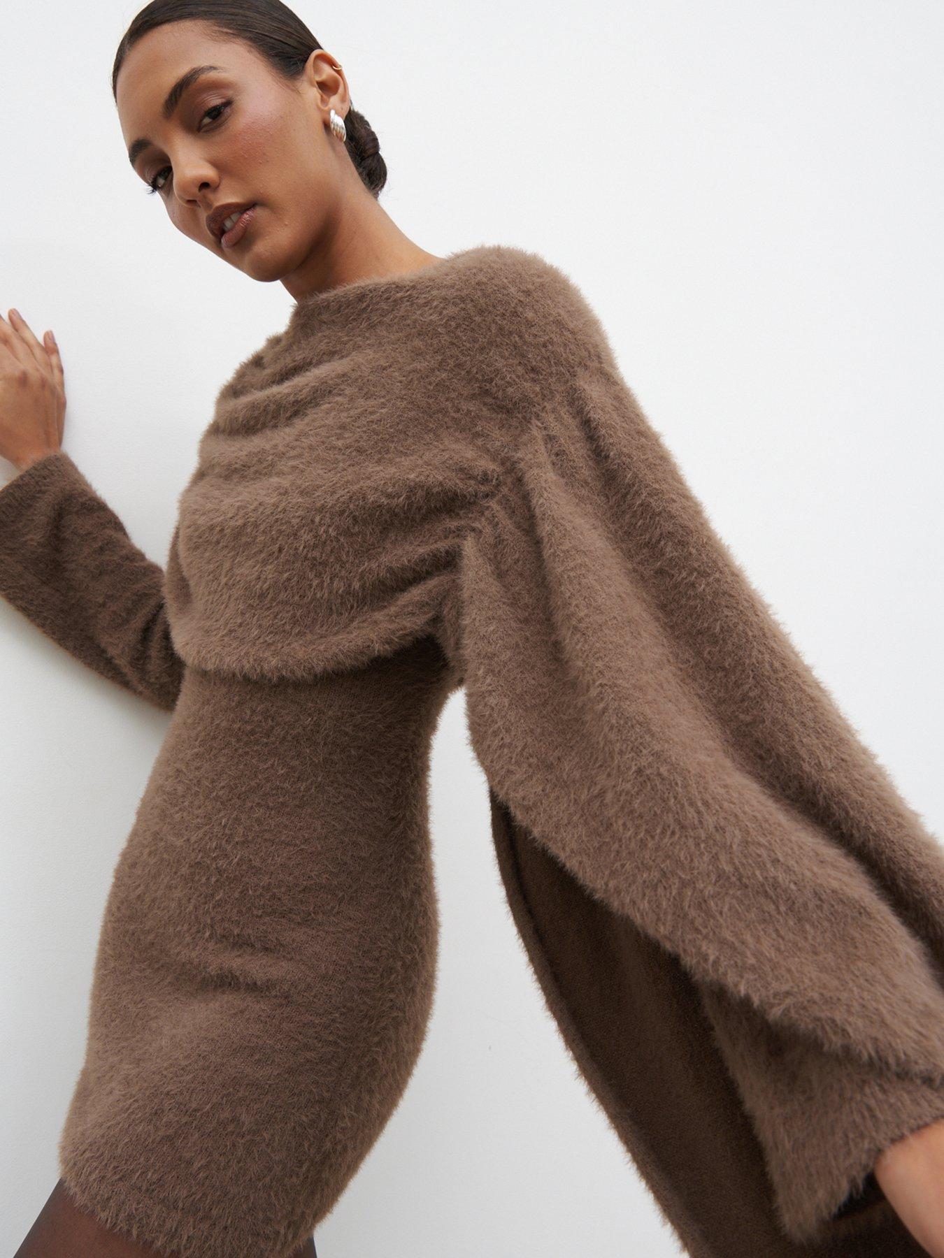Pretty Lavish Cassio Drape Fluffy Knit Mini Dress - Beige | Very