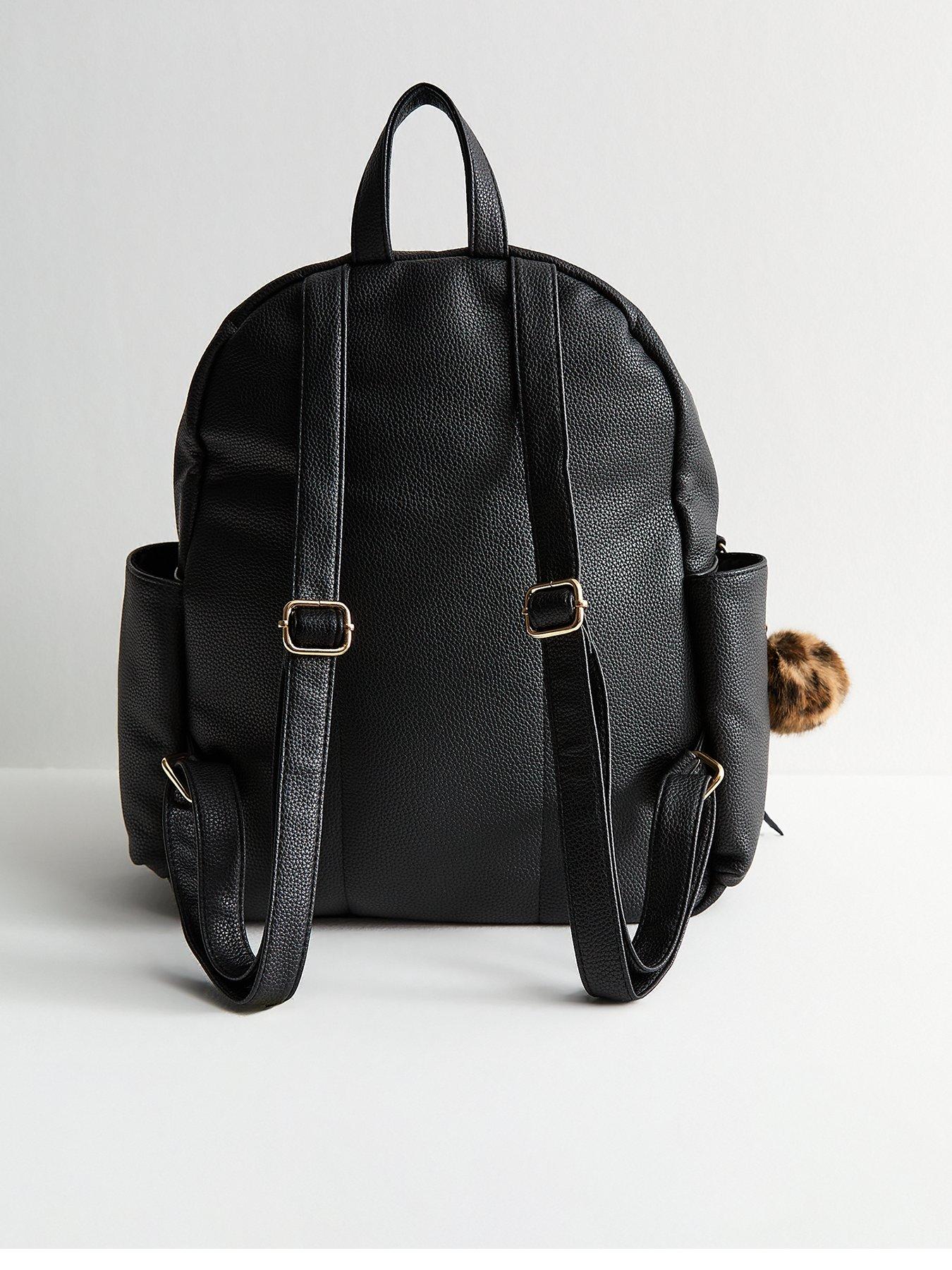 New Look Black Faux Leather Pom Pom Charm Backpack | Very