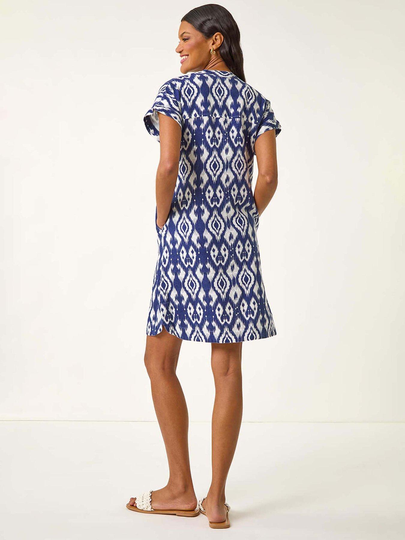 Roman Aztec Print Linen Mix Shift Dress - Navy | Very