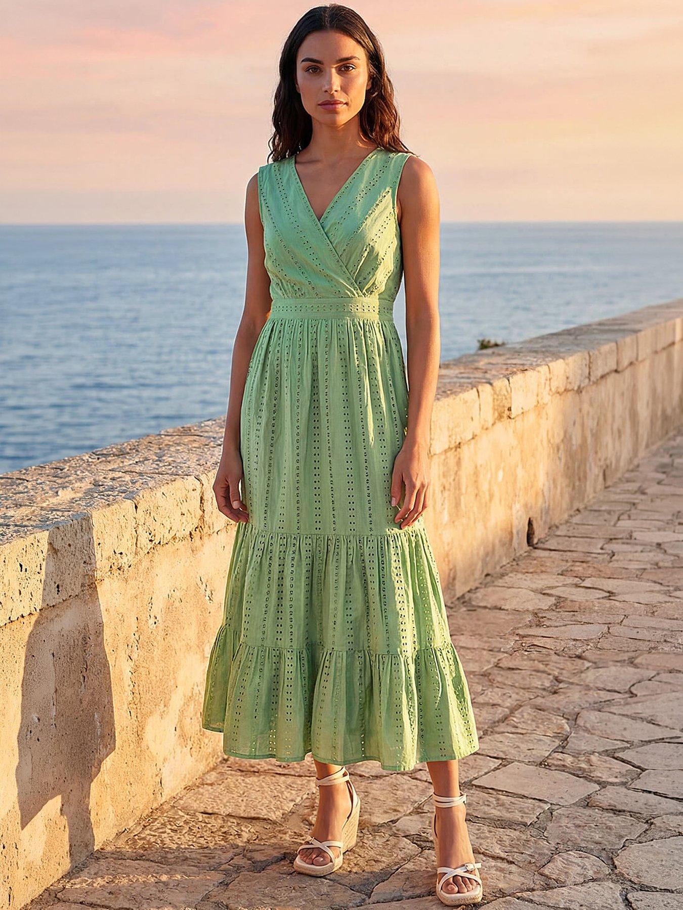 Roman Embroidered V-neck Midi Dress - Green | Very