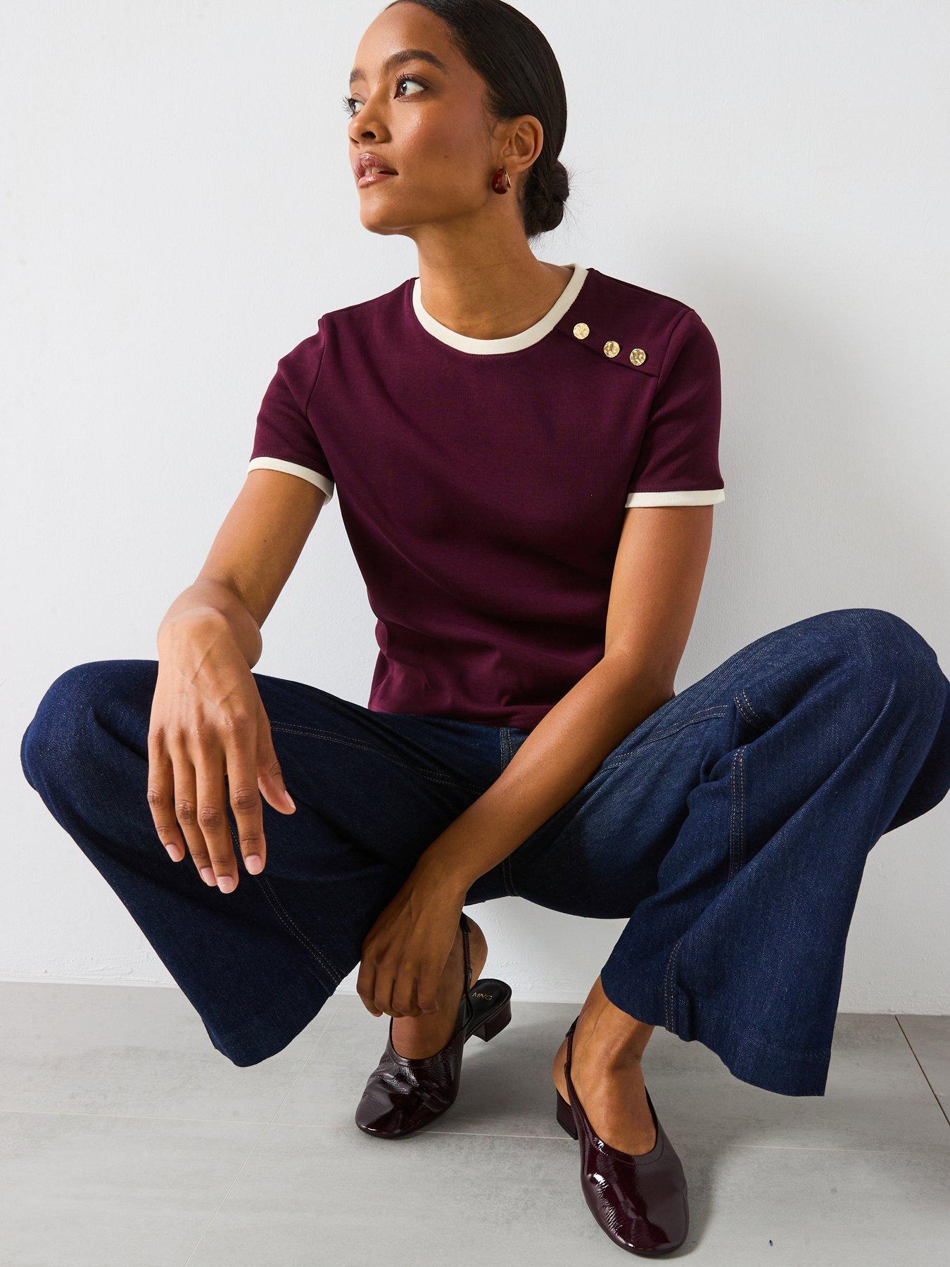 Mango Button Detailed T-Shirt - Red | Very