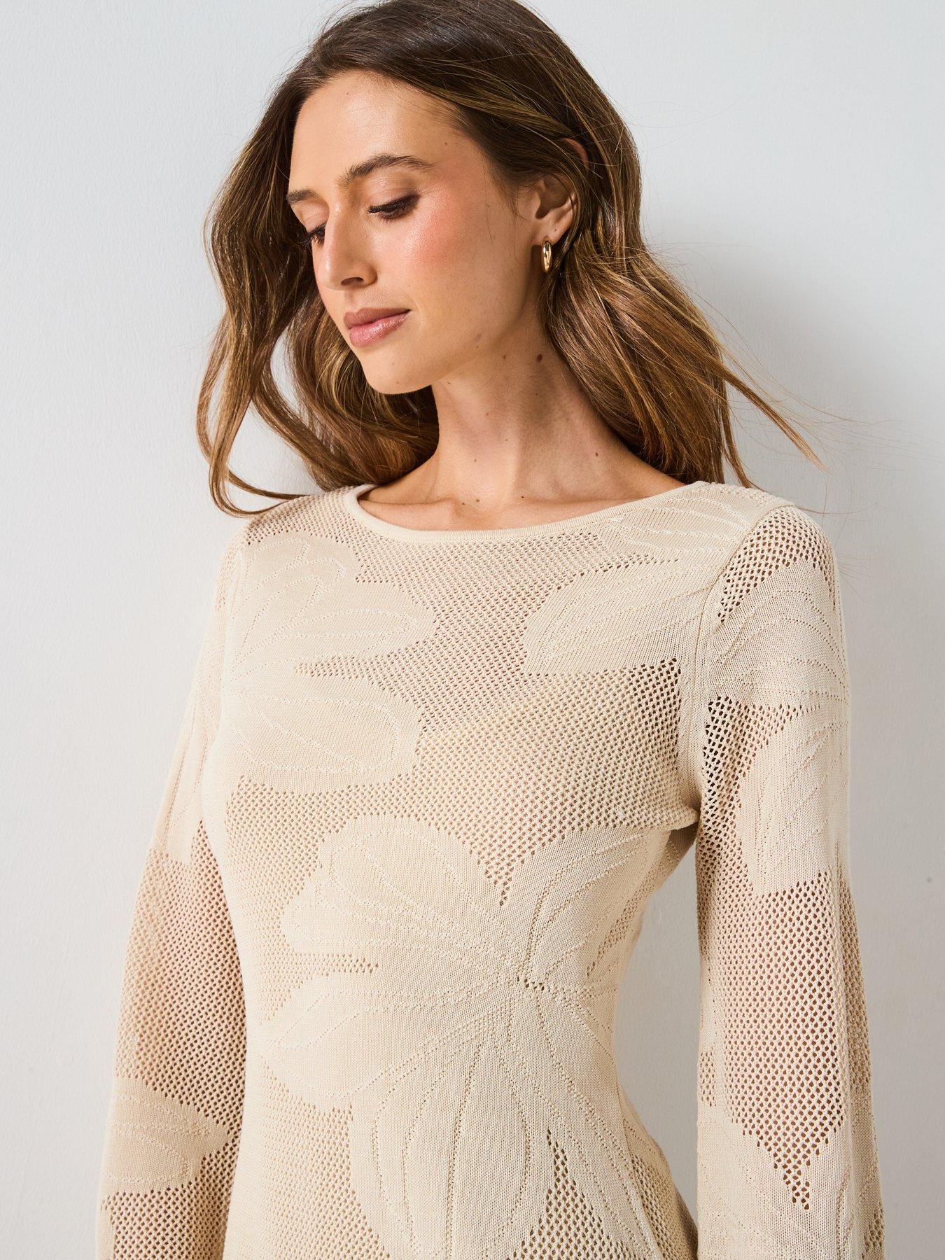 Mango Knitted Dress With Embroidered Flowers - Beige | Very