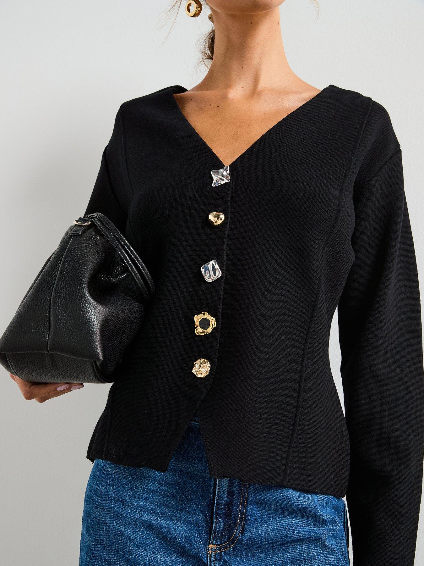 Mango Knitted Jacket With Jewel Buttons - Black | Very