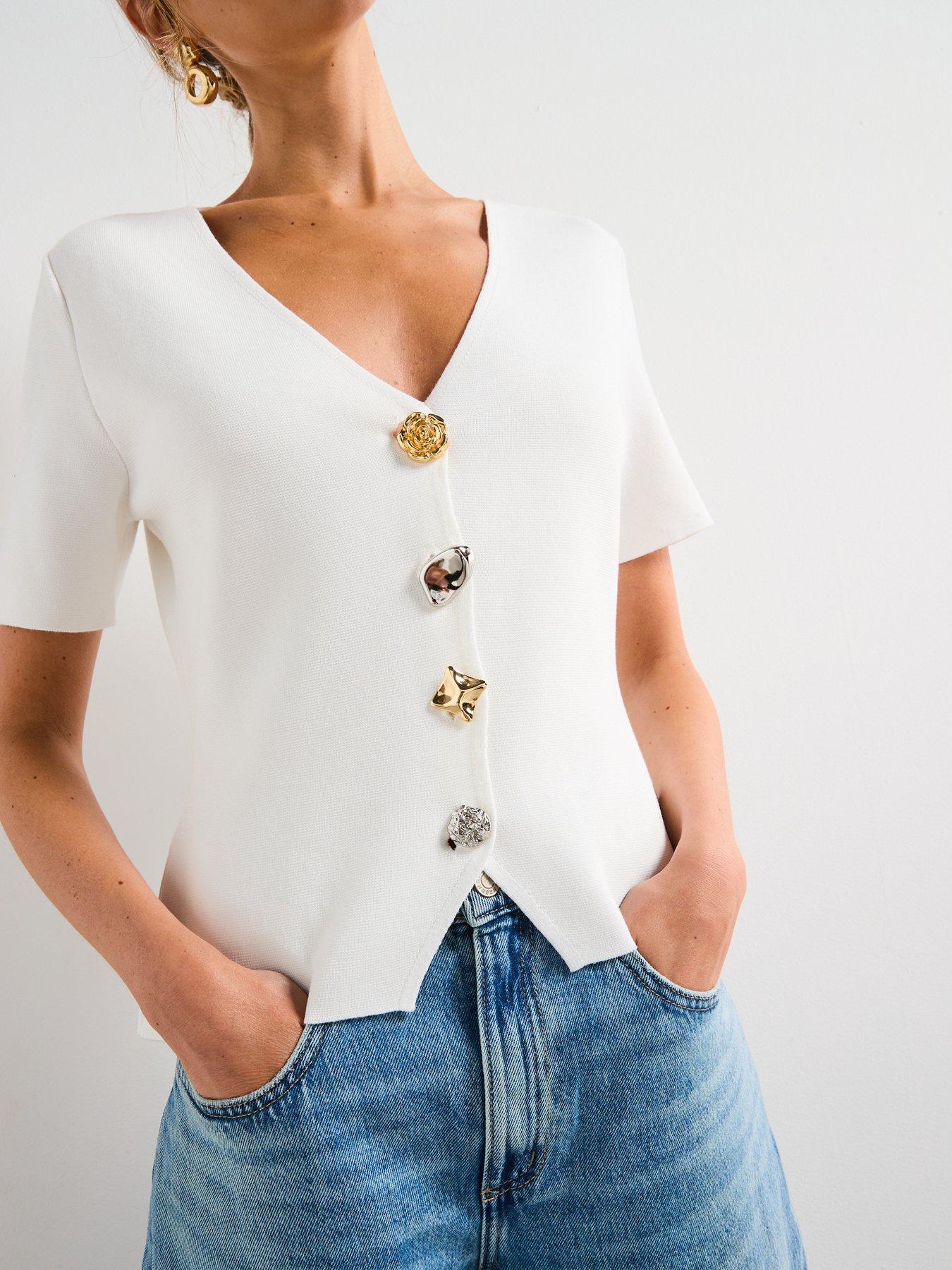 Mango Knitted Cardigan With Jewel Button - White | Very