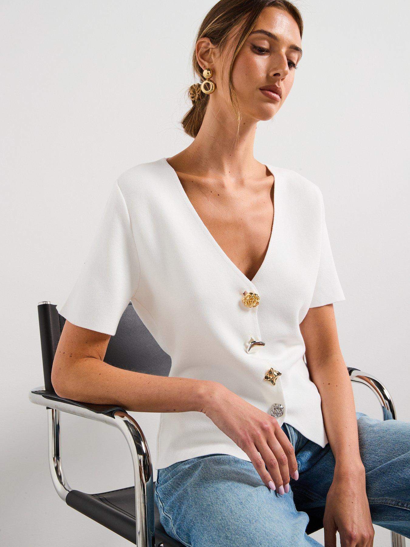 Mango Knitted Cardigan With Jewel Button - White | Very