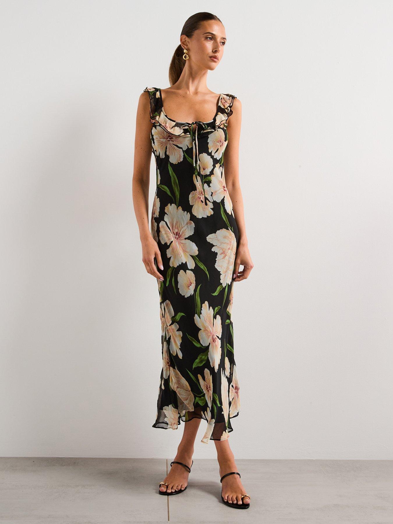 Mango Floral Print Dress with Ruffle Detail - Black | Very