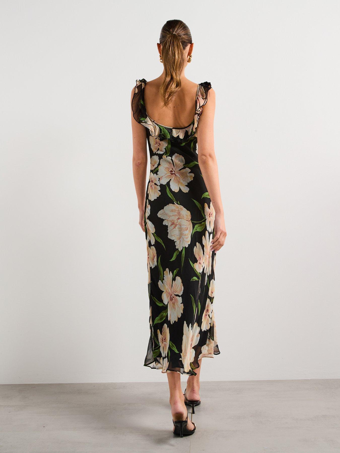 Mango Floral Print Dress with Ruffle Detail - Black | Very