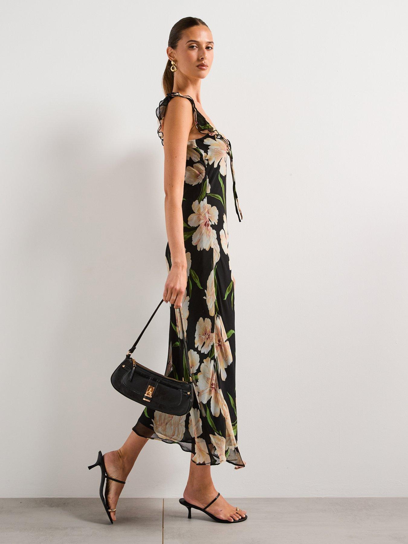 Mango Floral Print Dress with Ruffle Detail - Black | Very
