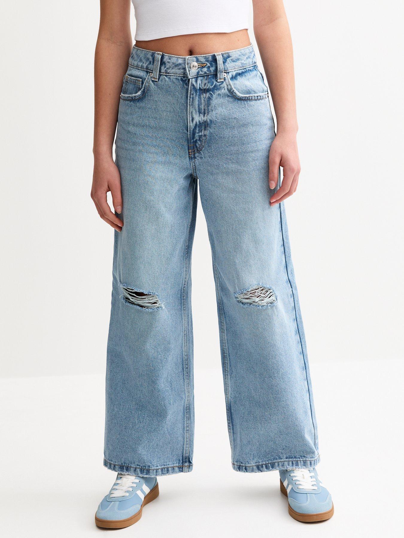 New Look 915 Light Blue Ripped Knee Super Wide Leg Jeans - Light Blue ...
