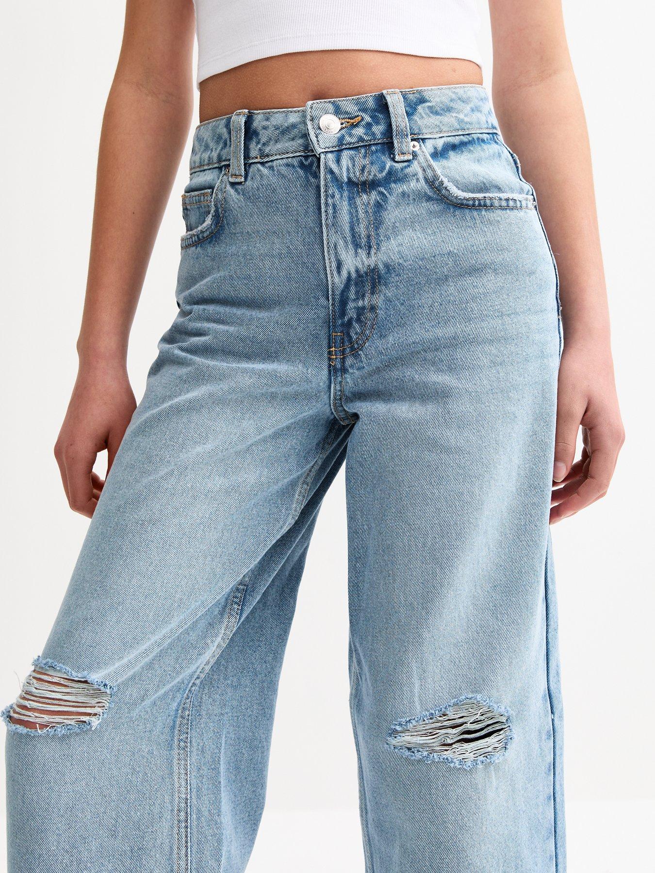 New Look 915 Light Blue Ripped Knee Super Wide Leg Jeans - Light Blue ...